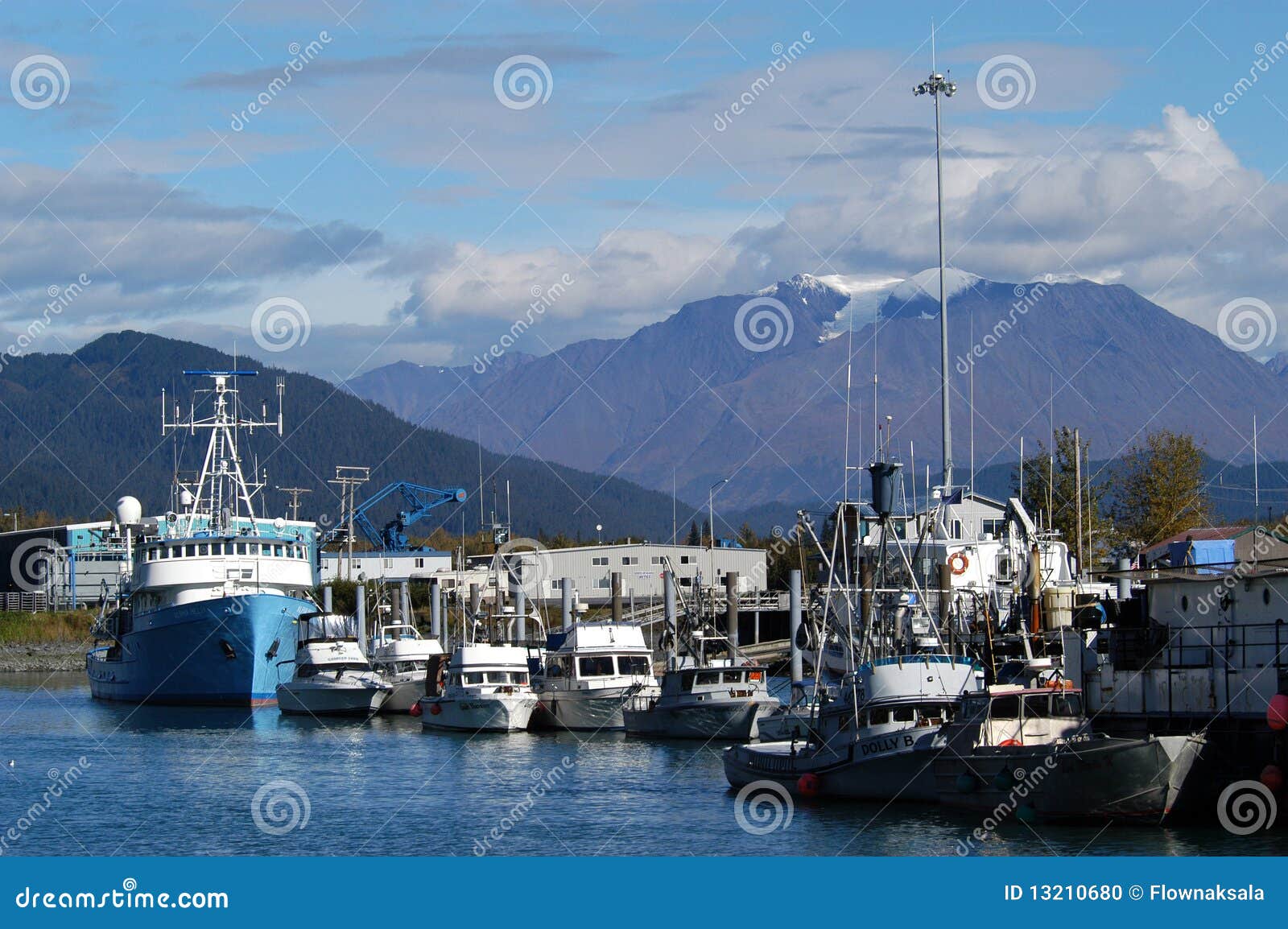 Alaska Fishing Harbour with Glacier and Mountains Stock Photo - Image ...
