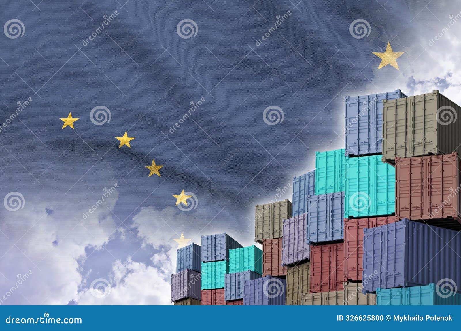 Alaska US State Flag and Big Stack of Shipping Cargo Containers in ...