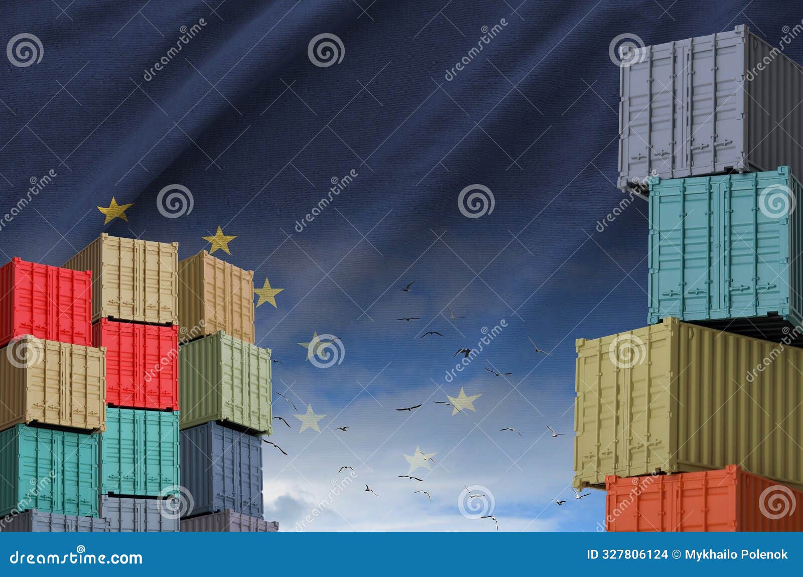 Alaska US State Flag and Big Stack of Shipping Cargo Containers in ...