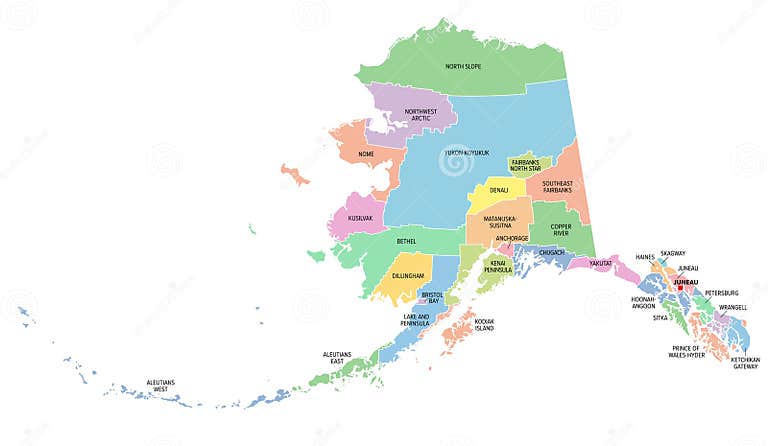 Alaska, U.S. State, Boroughs and Census Areas, Multi Colored Political ...