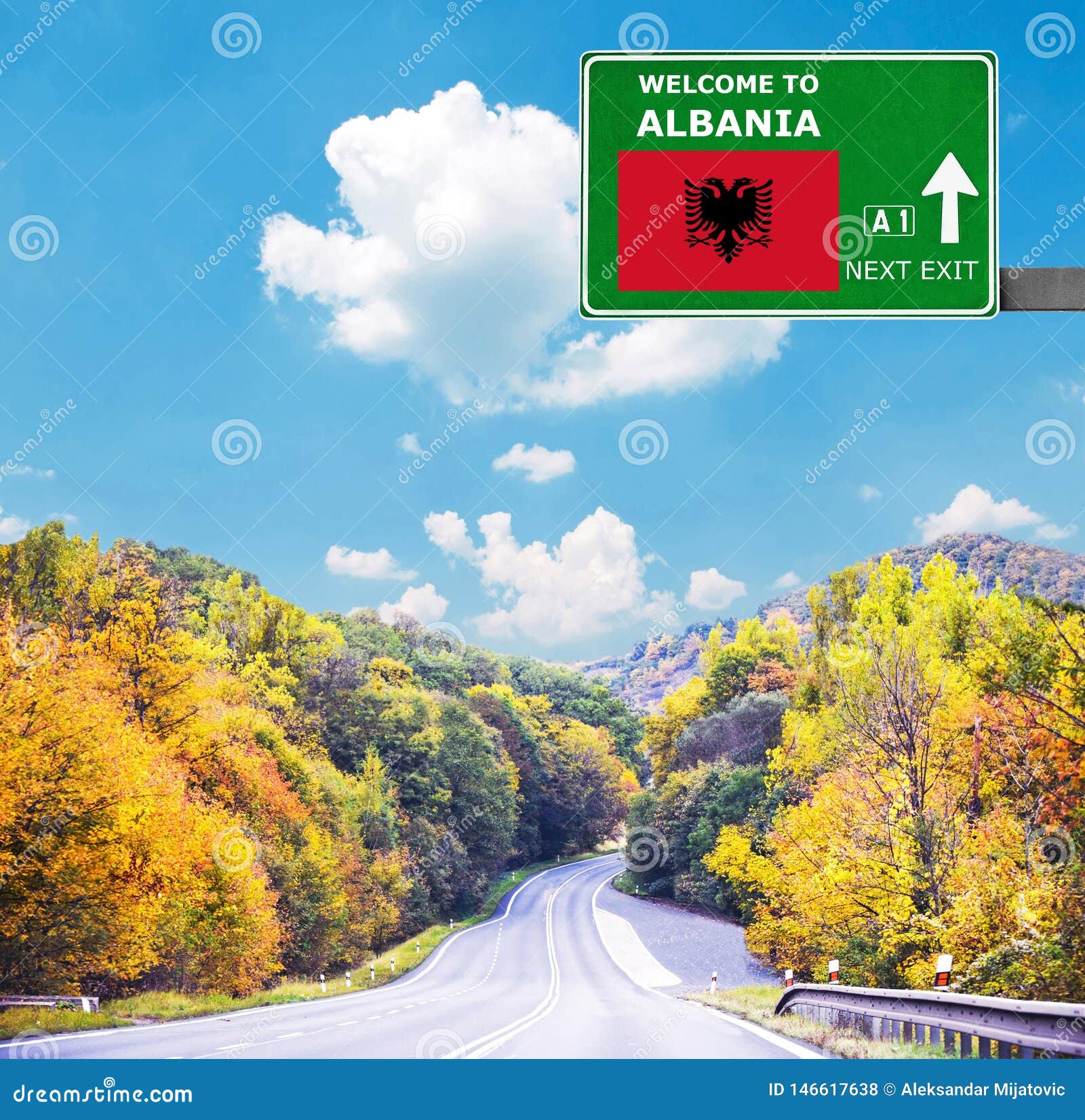 Albania Road Sign Against Clear Blue Sky Stock Photo - Image of post ...