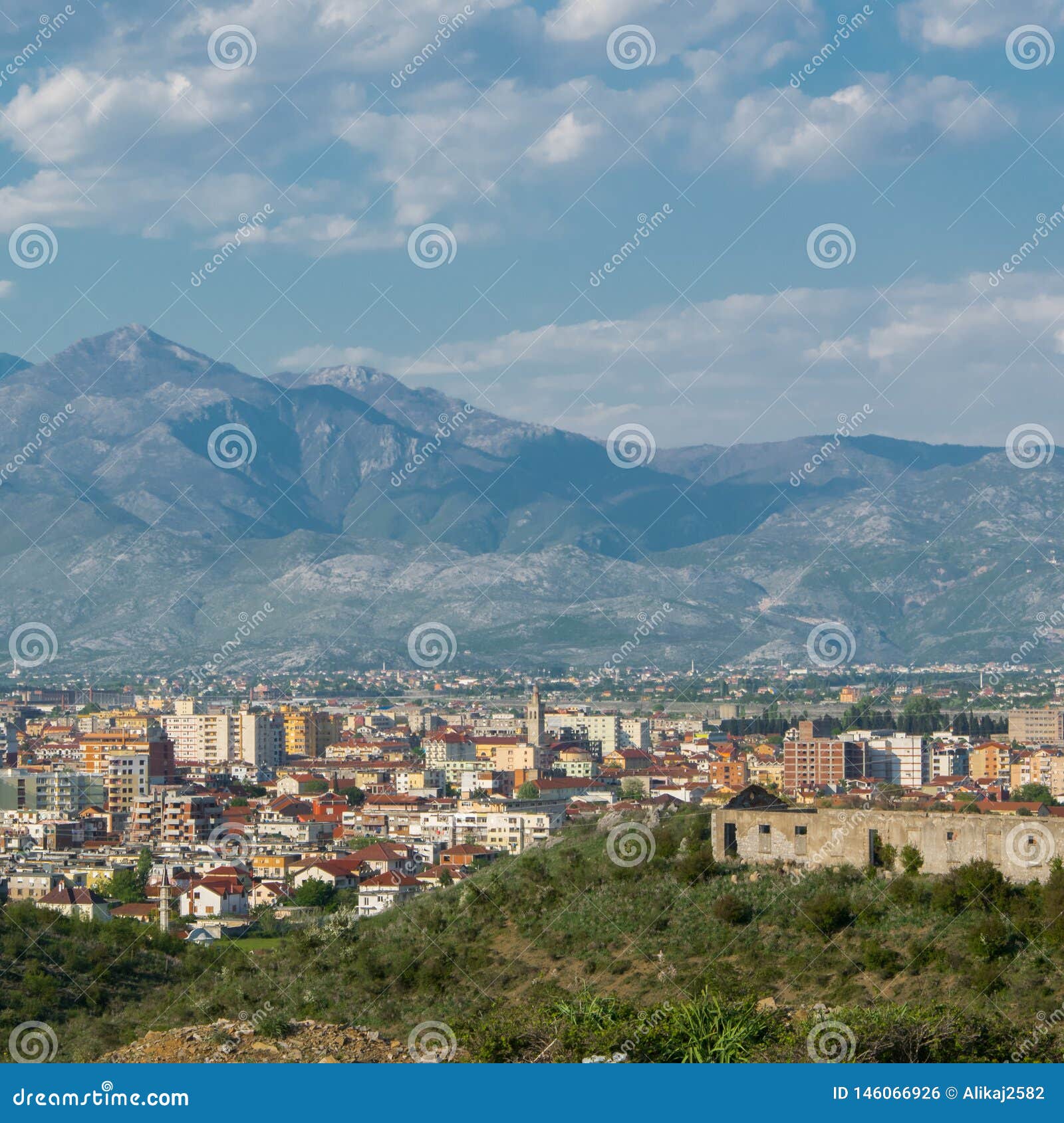Albanian City Shkoder Cityscape with Mountain Background Stock Photo ...