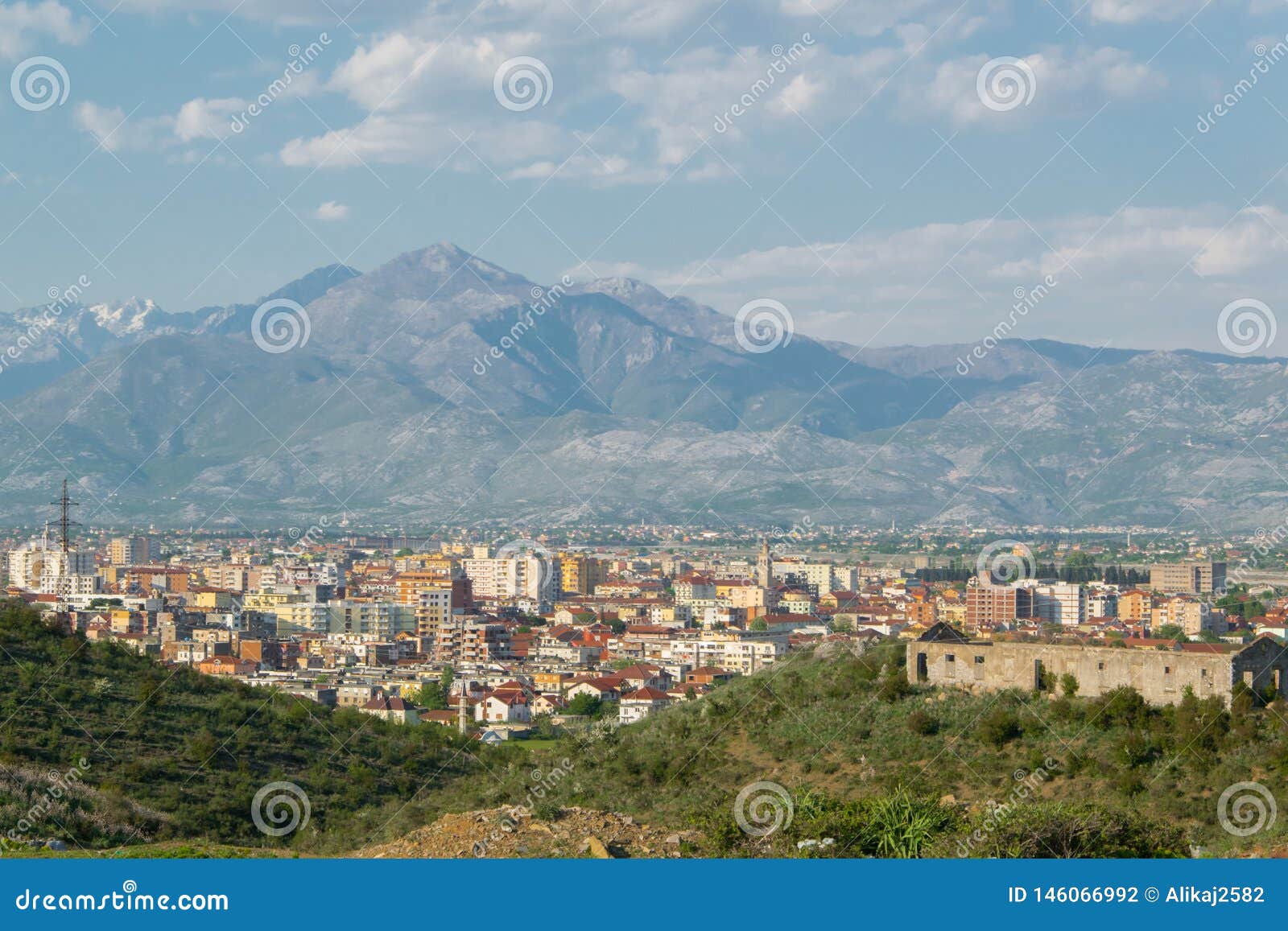 Albanian City Shkoder Cityscape with Mountain Background Stock Photo ...