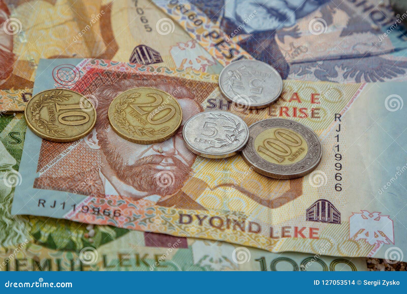 Albanian Coins and Banknotes on the Beach. Stock Photo - Image of ...