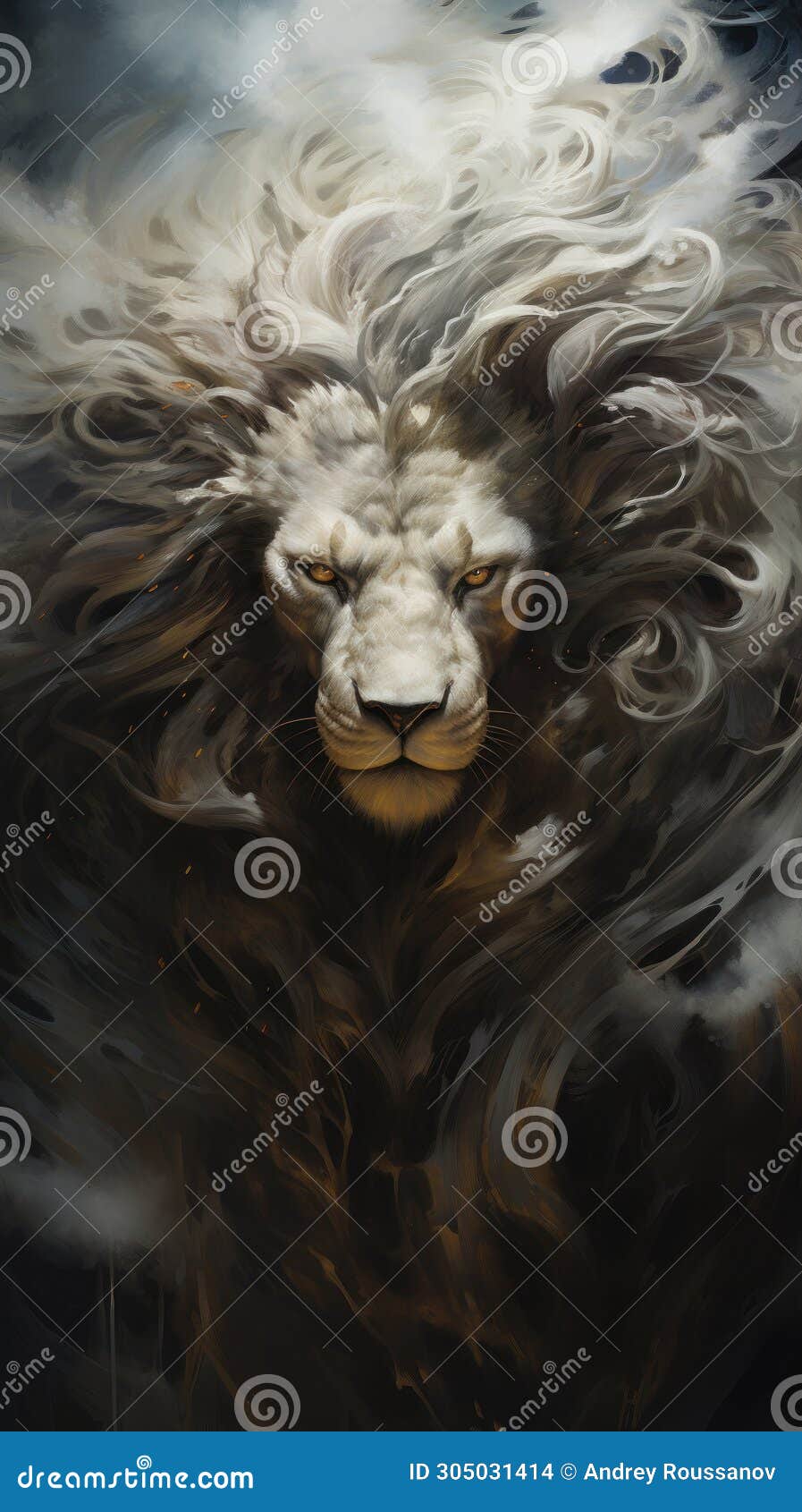 Albino Lion Emerging from Fog or Smoke. Stock Illustration ...