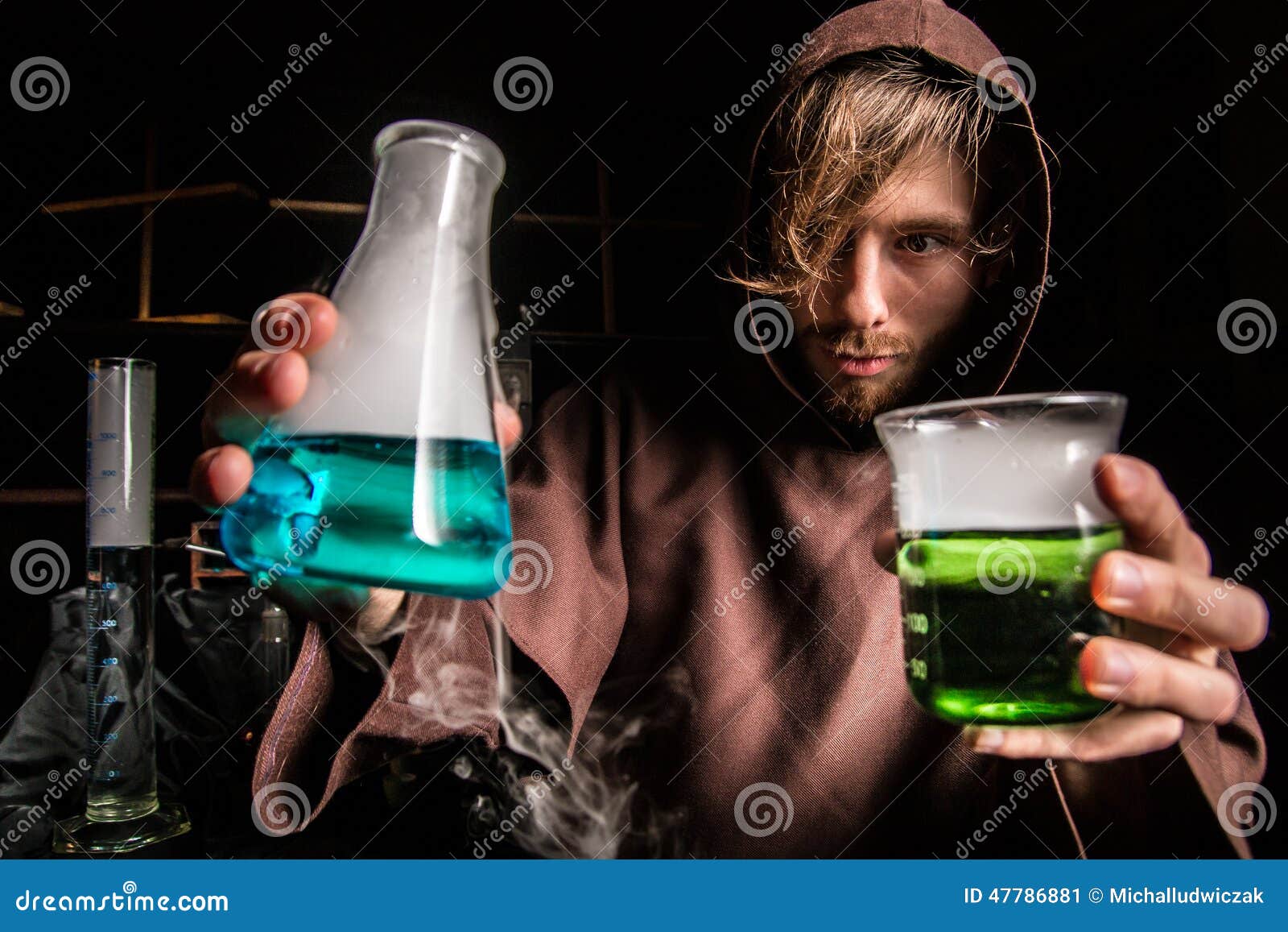 Alchemist in Chemical Laboratory Prepares Magical Liquids Stock Image ...