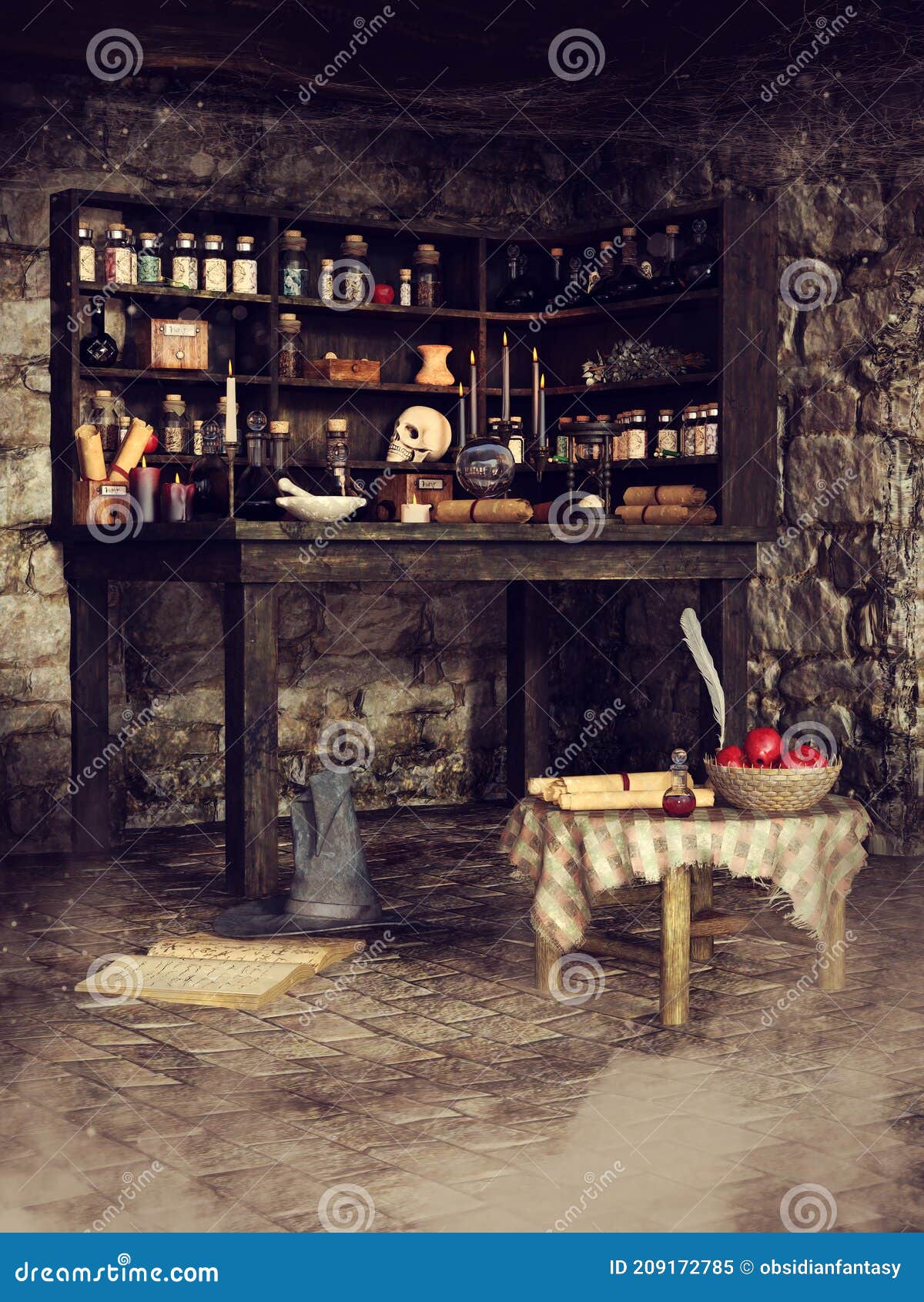 Alchemist S Workshop with Scrolls and Potions Stock Illustration ...