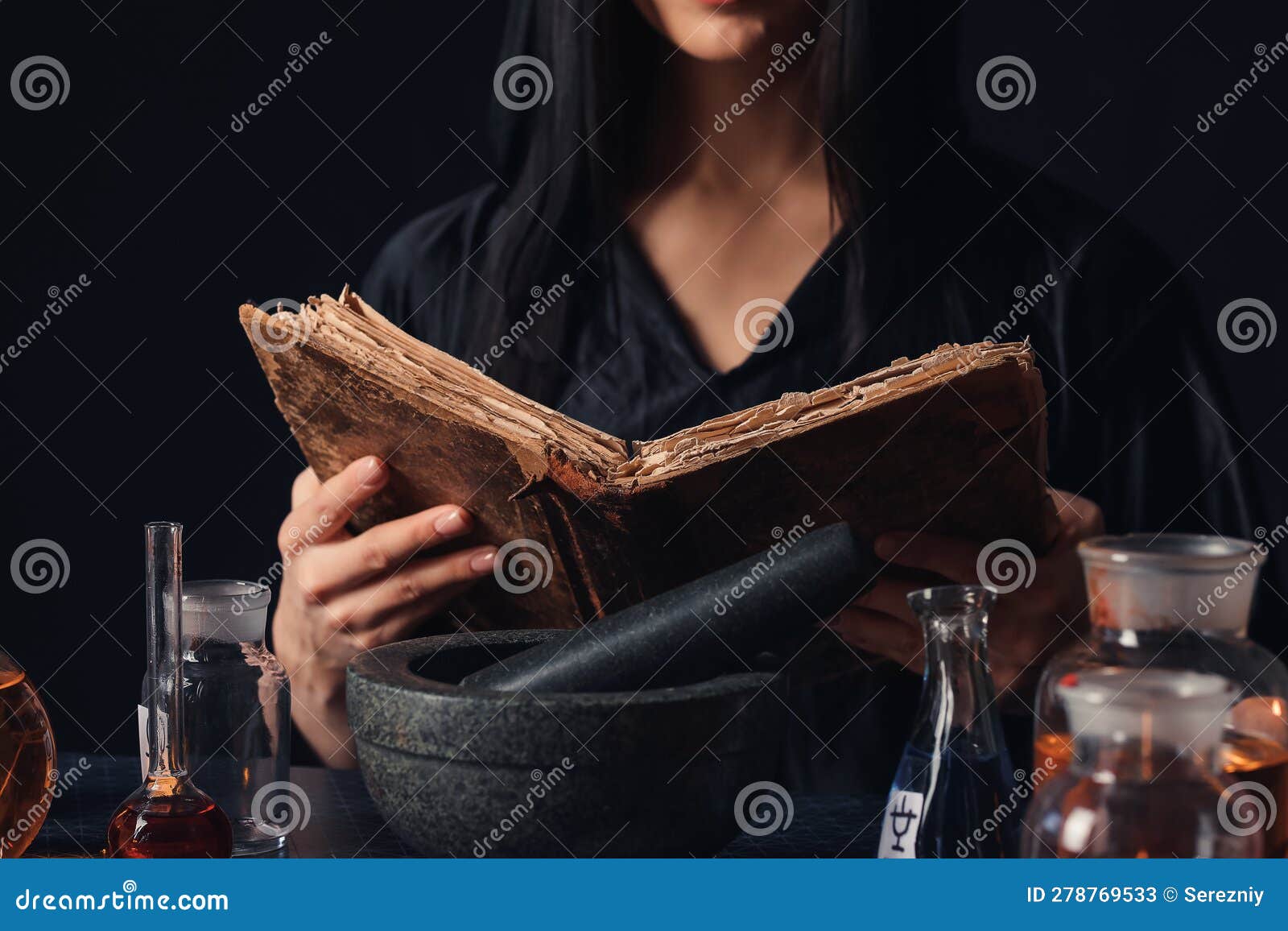 Female Alchemist Making Potion on Dark Background Stock Image - Image ...