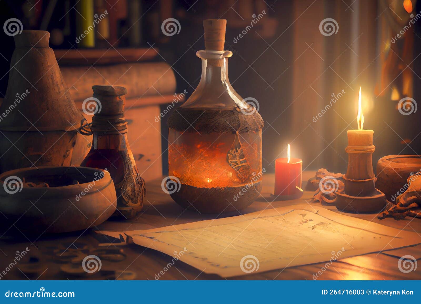 Alchemist Worktable. Wizard Laboratory with Scientific Flasks and Scrolls, Ai Illustration Stock ...