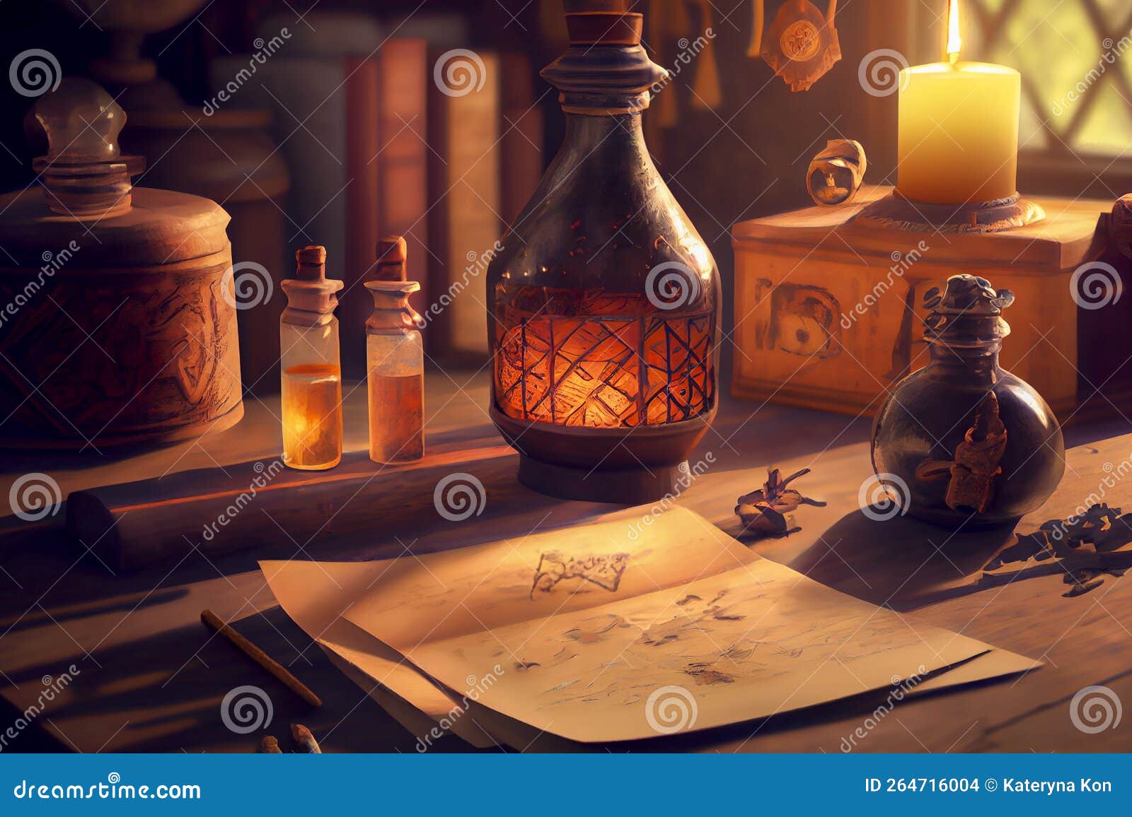 Alchemist Worktable. Wizard Laboratory with Scientific Flasks and ...