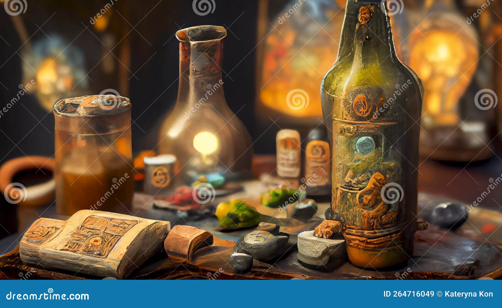 Alchemist Worktable. Wizard Laboratory with Scientific Flasks and ...