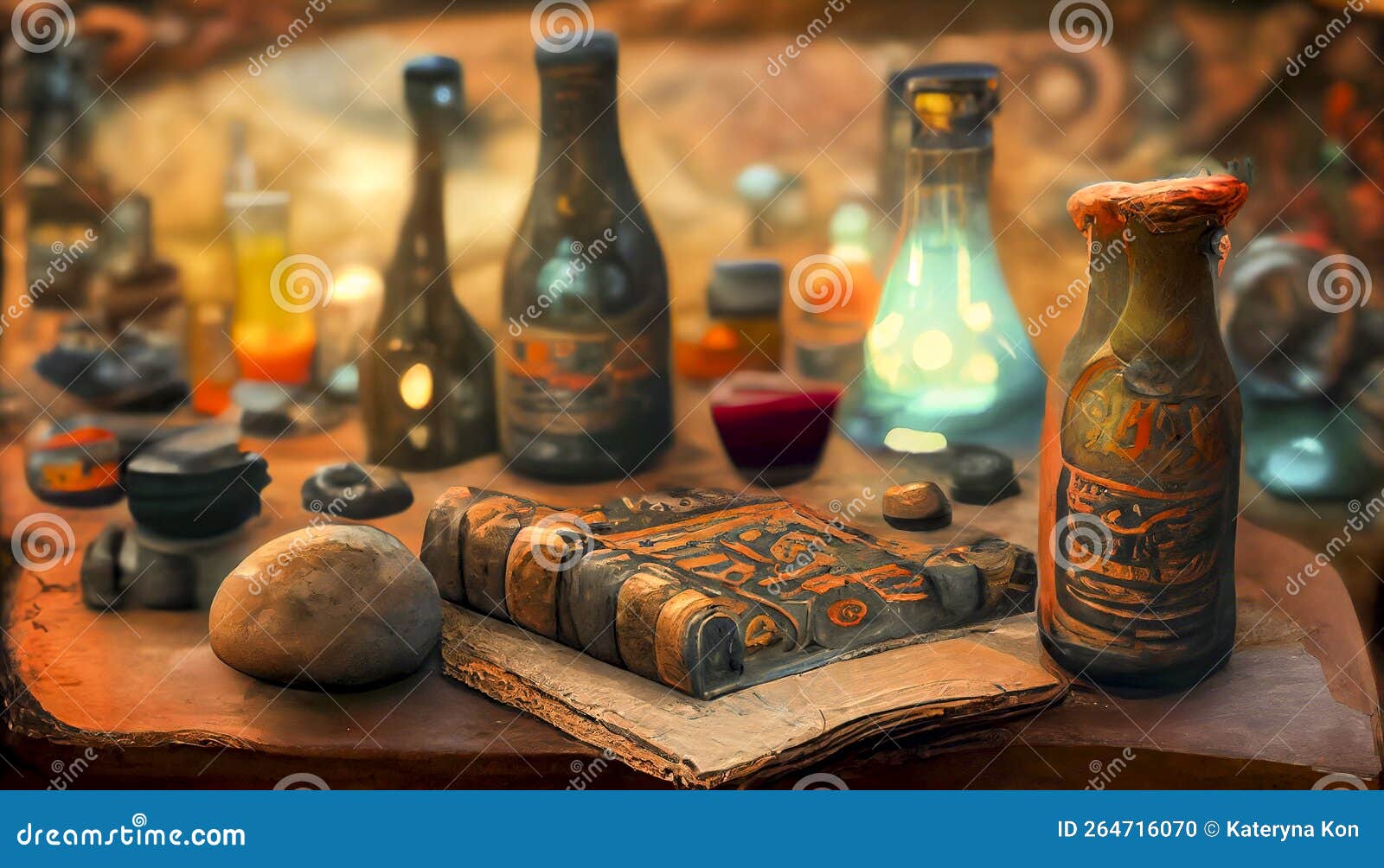 Alchemist Worktable. Wizard Laboratory with Scientific Flasks and ...