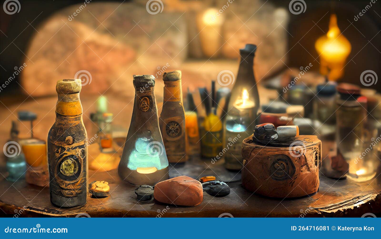Alchemist Worktable. Wizard Laboratory with Scientific Flasks and ...