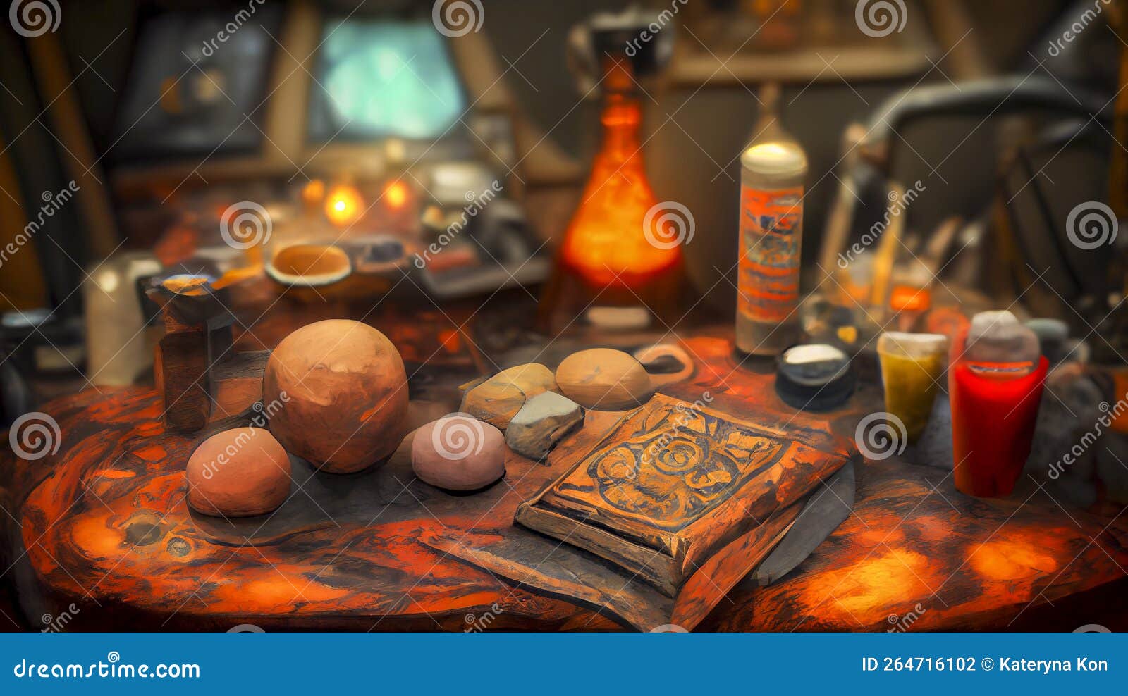 Alchemist Worktable. Wizard Laboratory with Scientific Flasks and ...