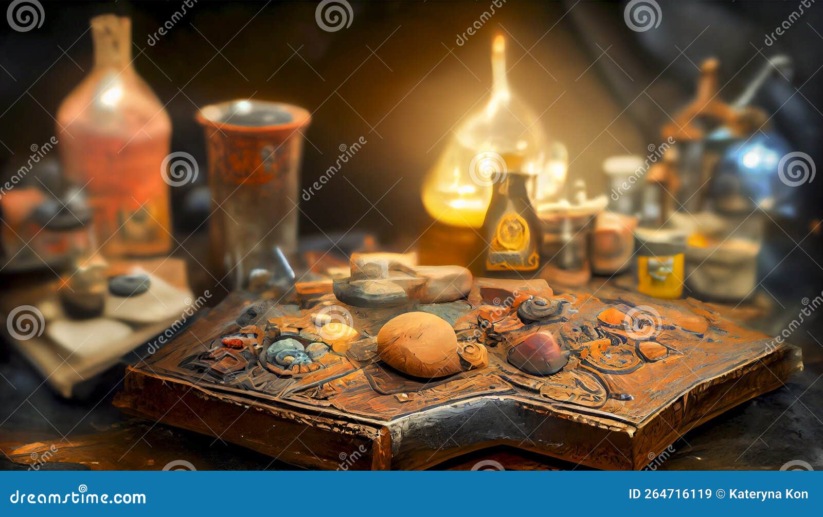 Alchemist Worktable. Wizard Laboratory with Scientific Flasks and ...