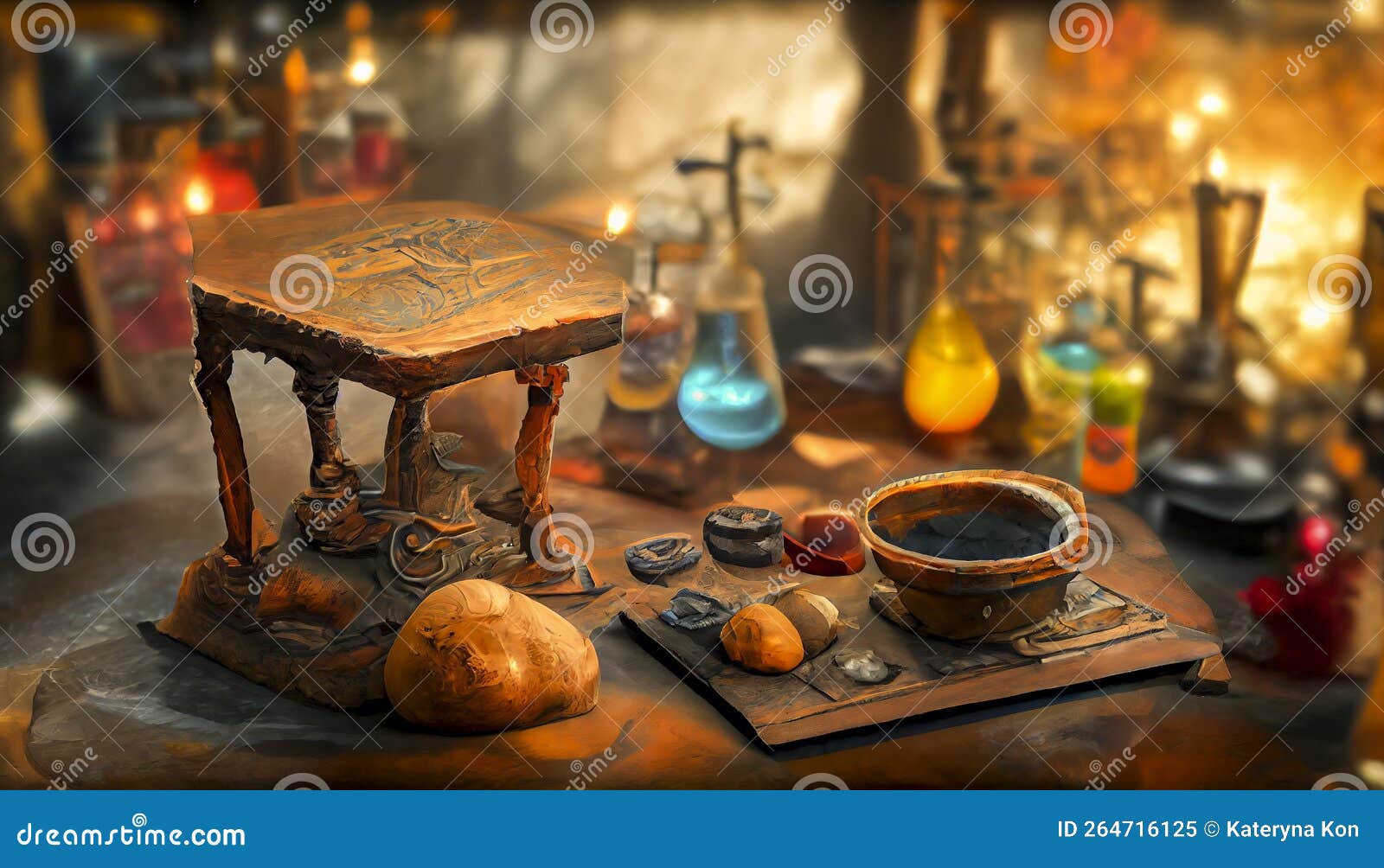 Alchemist Worktable. Wizard Laboratory with Scientific Flasks and ...