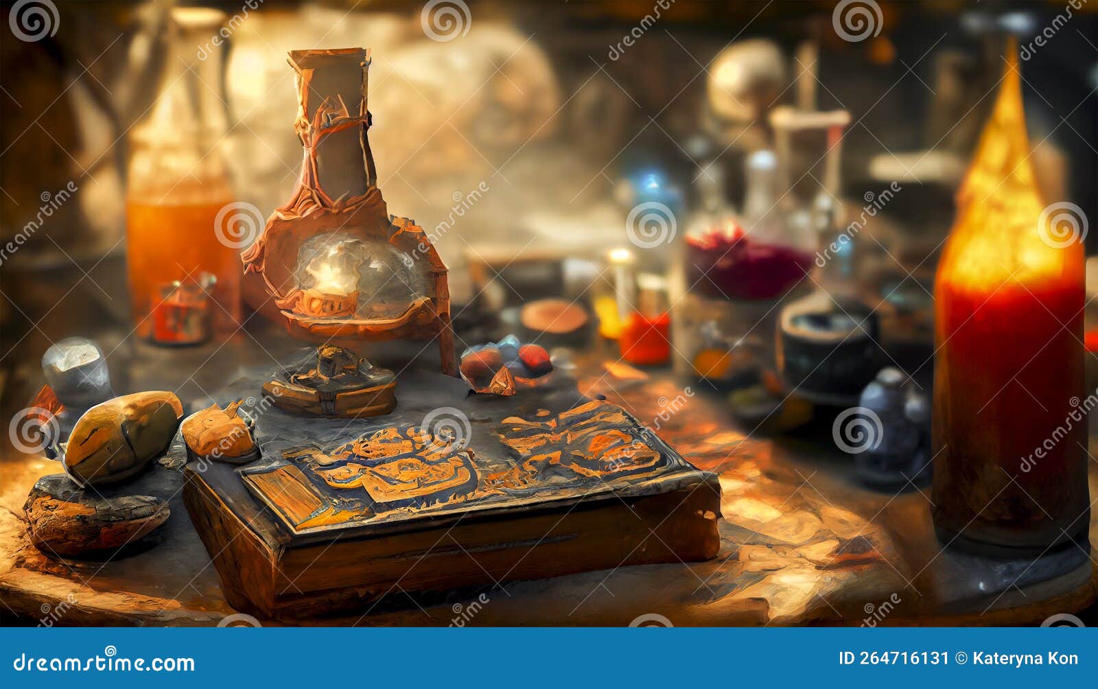 Alchemist Worktable. Wizard Laboratory with Scientific Flasks and ...