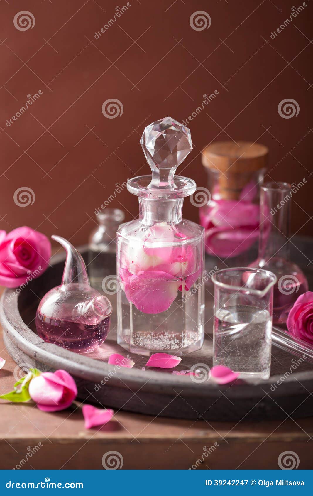 Alchemy Aromatherapy with Rose Flowers Flasks Stock Image - Image of ...