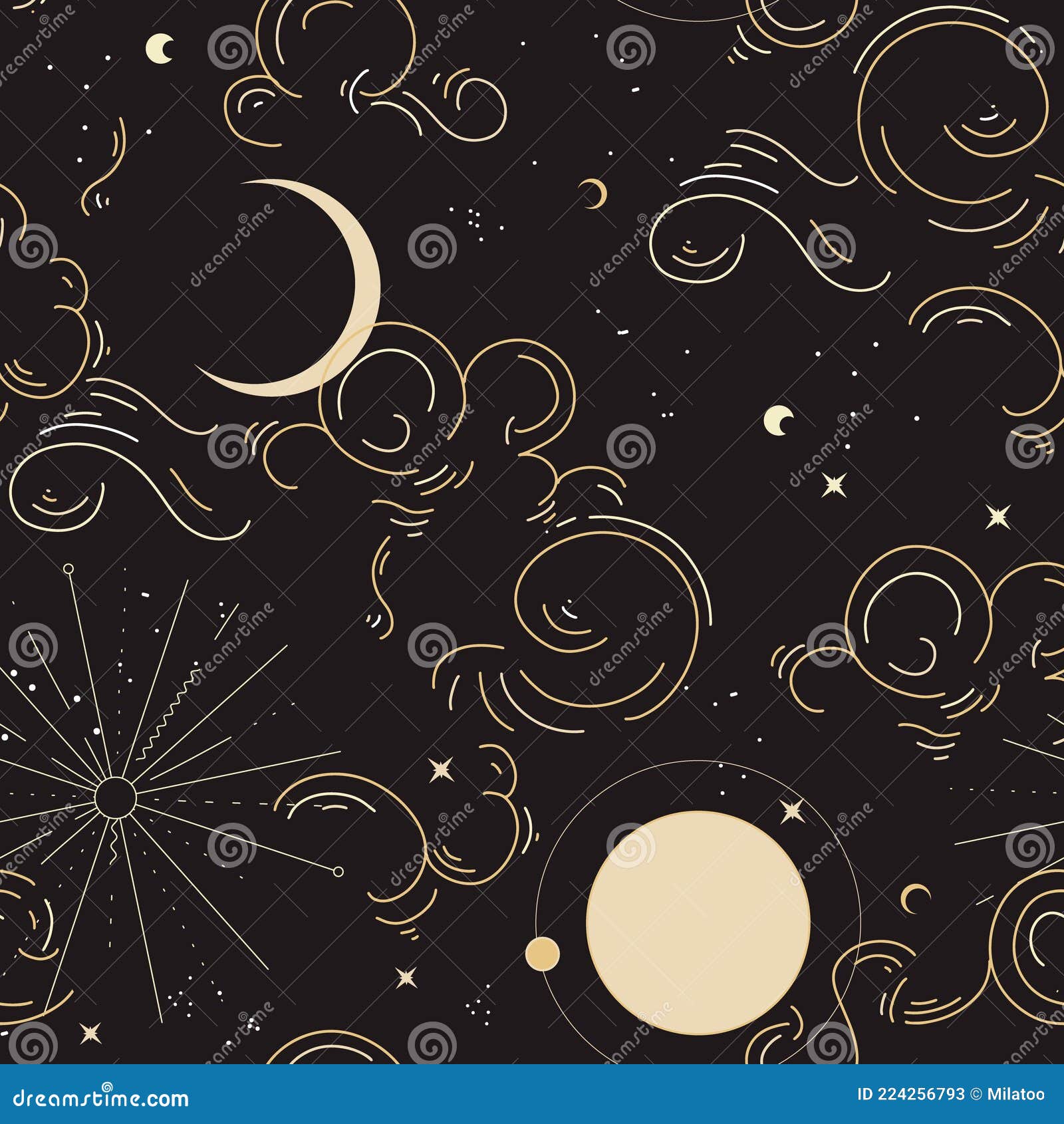 Alchemy Background, Gold Esoteric Design. Celestial Mystical Seamless ...