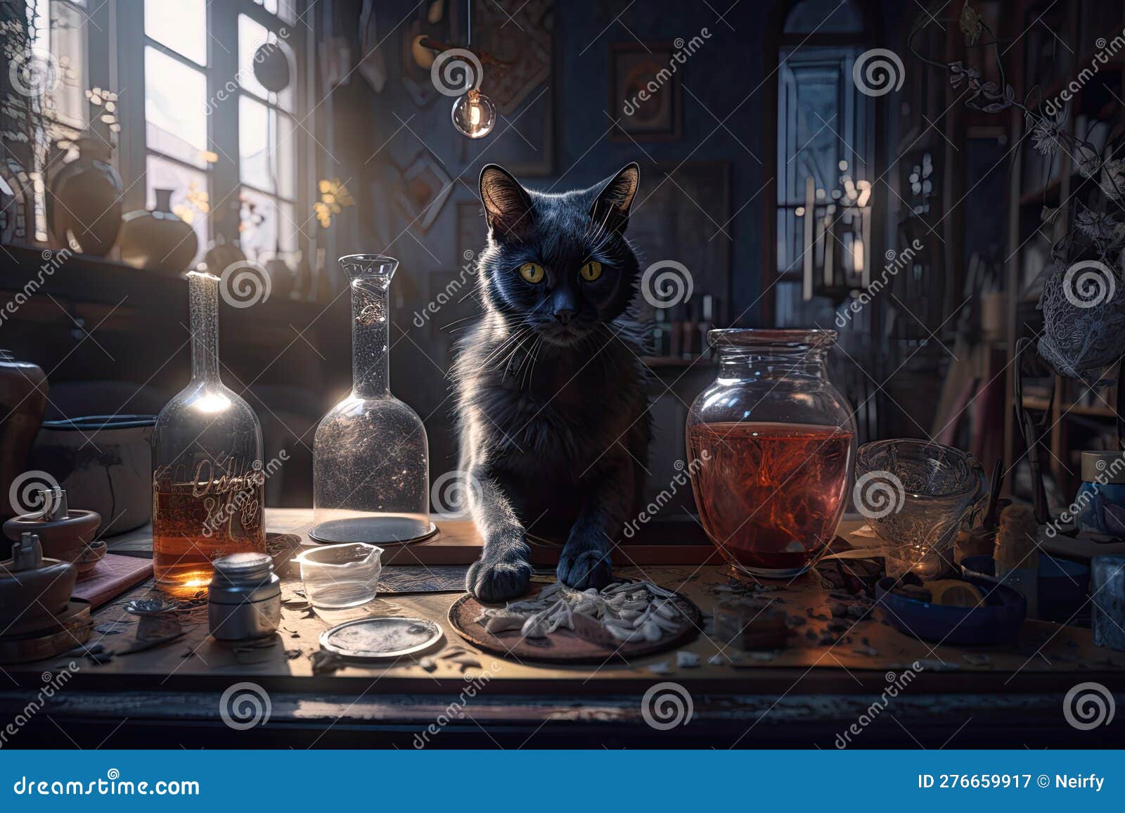 Alchemy cat, ai generative stock illustration. Illustration of glass ...