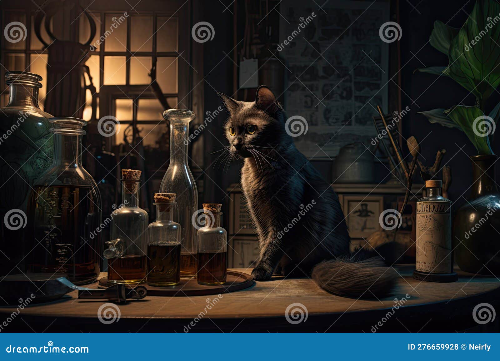 Alchemy cat, ai generative stock illustration. Illustration of black ...
