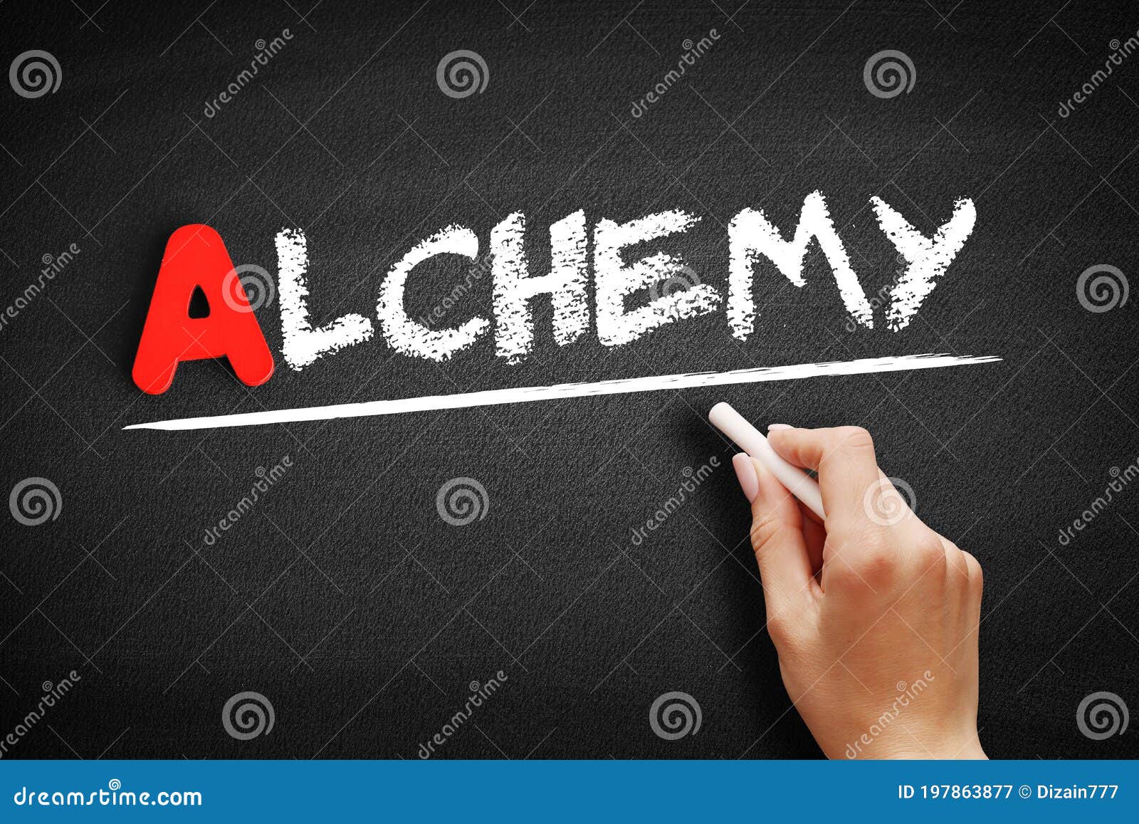 Alchemy text on blackboard stock image. Image of chemical - 197863877
