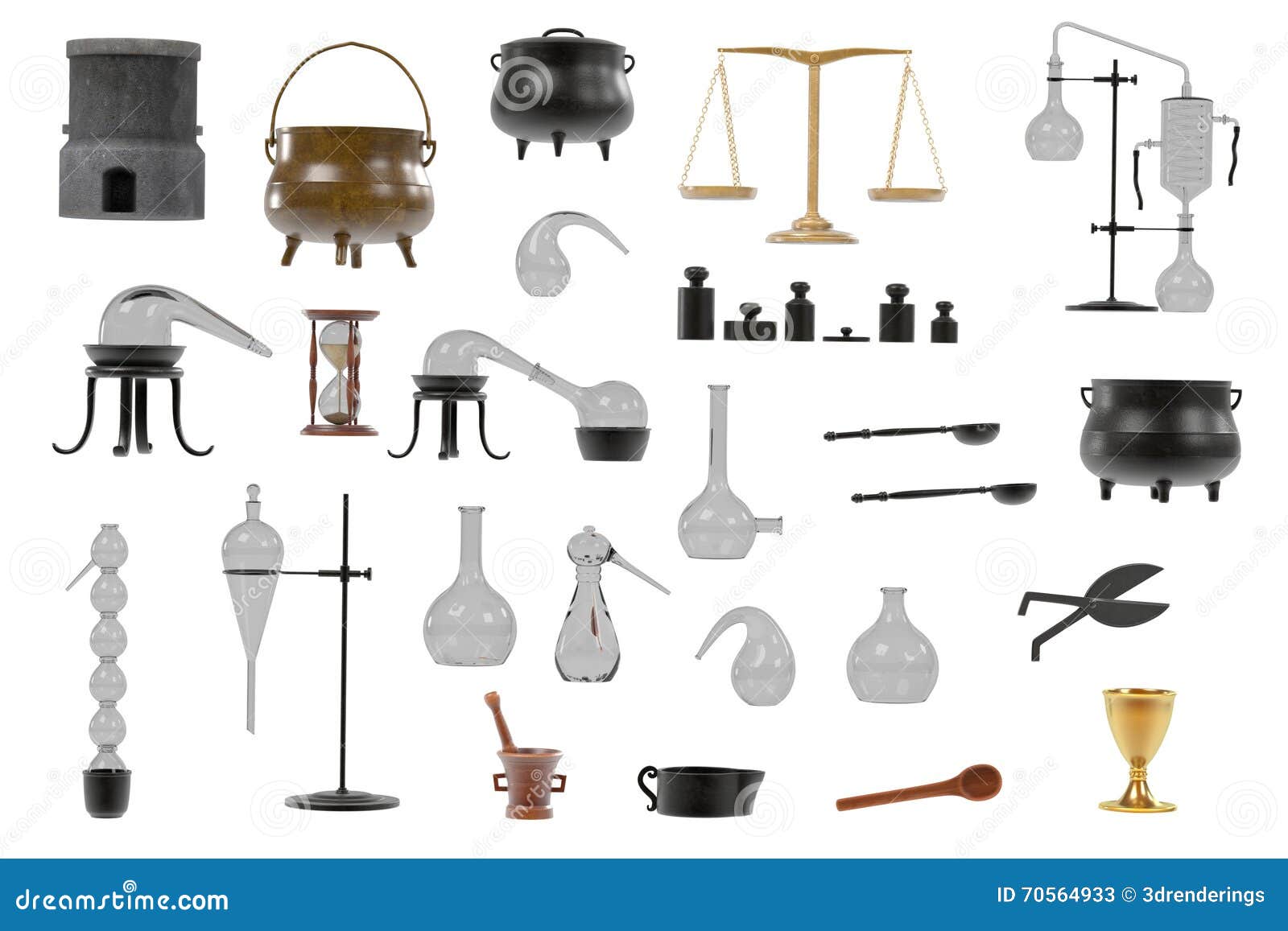 Alchemy tools set stock illustration. Image of tool, render - 70564933