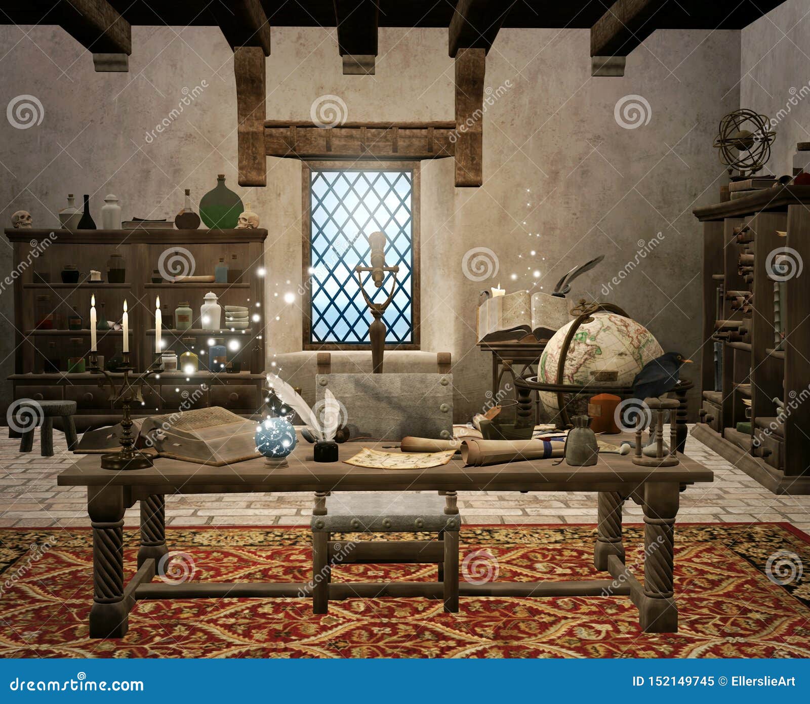 Alchemy Work Desk in a Black Magic Room Stock Illustration ...