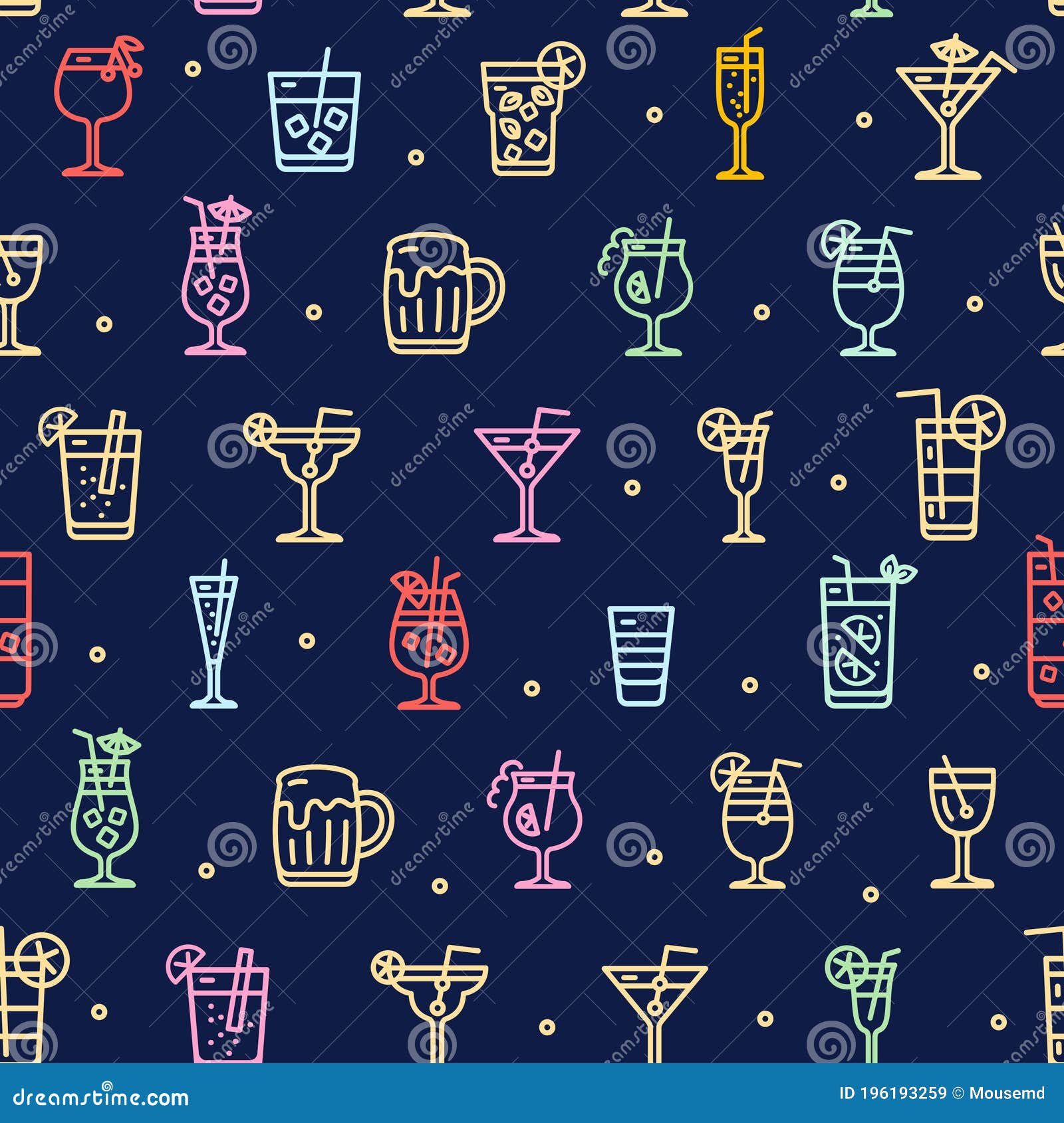 Alcohol Cocktail Signs Seamless Pattern Background on a Blue. Vector ...