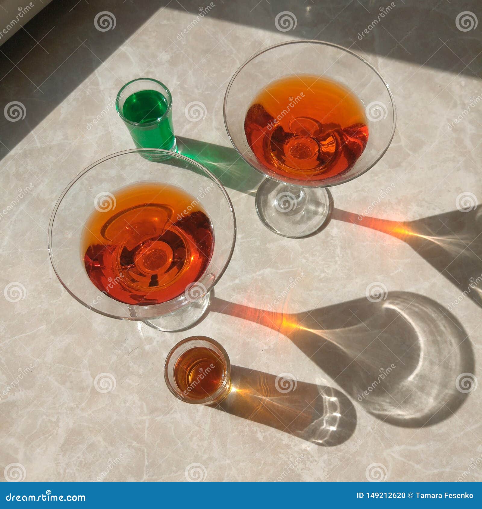 Alcohol Cocktails with Long Shadow, Top View Stock Photo - Image of ...