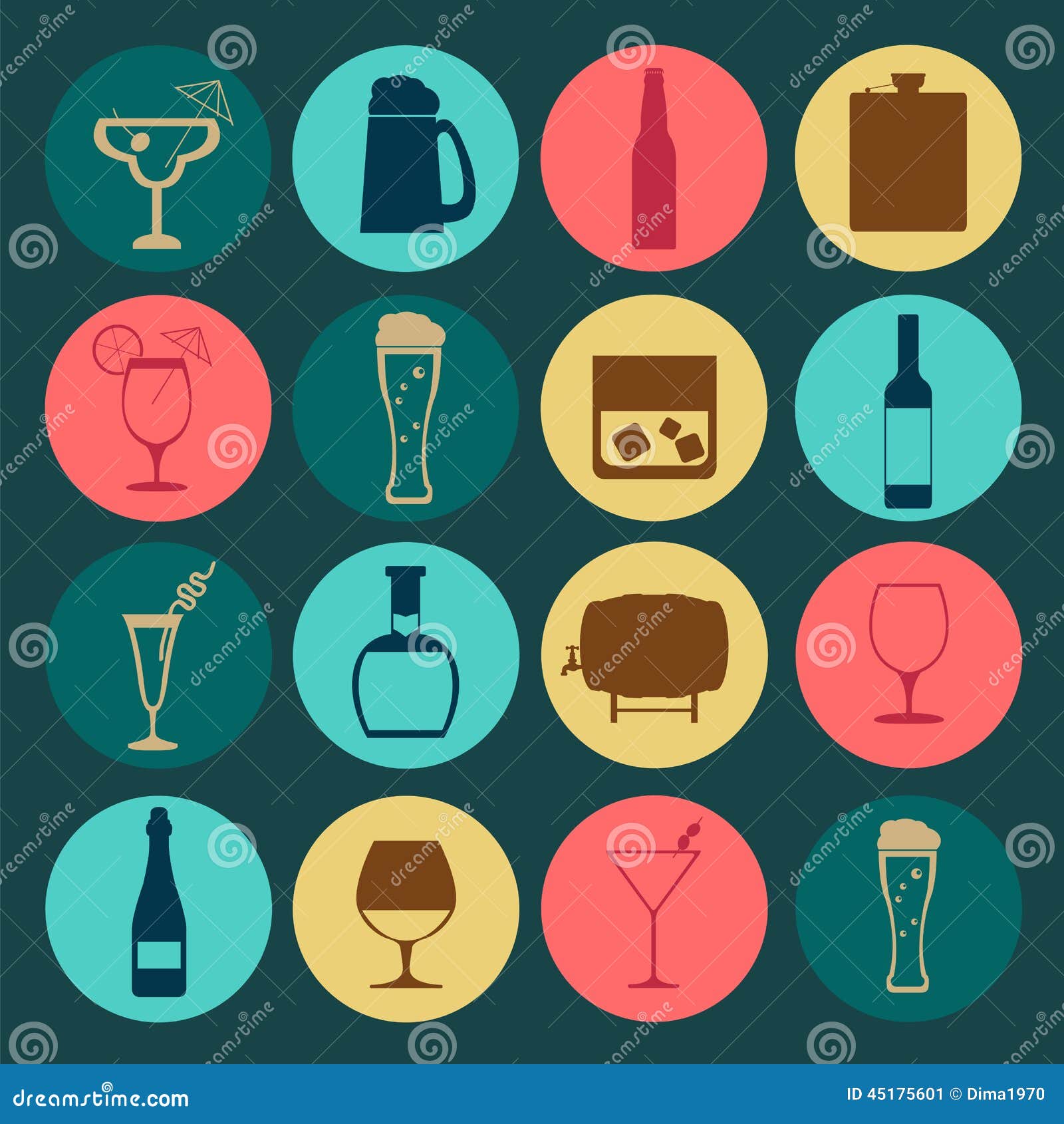 Alcohol Drinks Icons. 16 Flat Icons Set Stock Vector - Illustration of ...