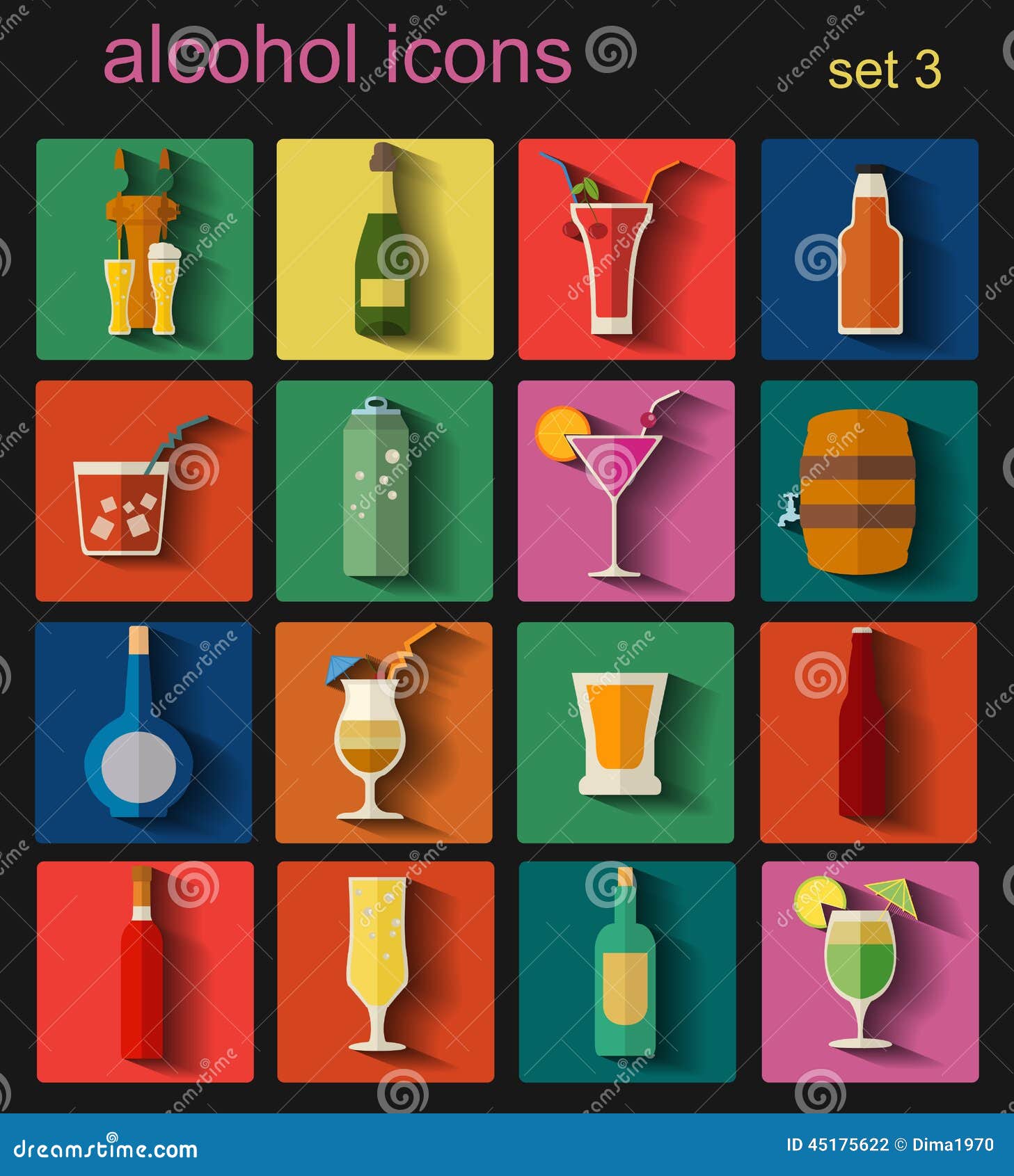 Alcohol Drinks Icons. 16 Flat Icons Set Stock Vector - Illustration of ...