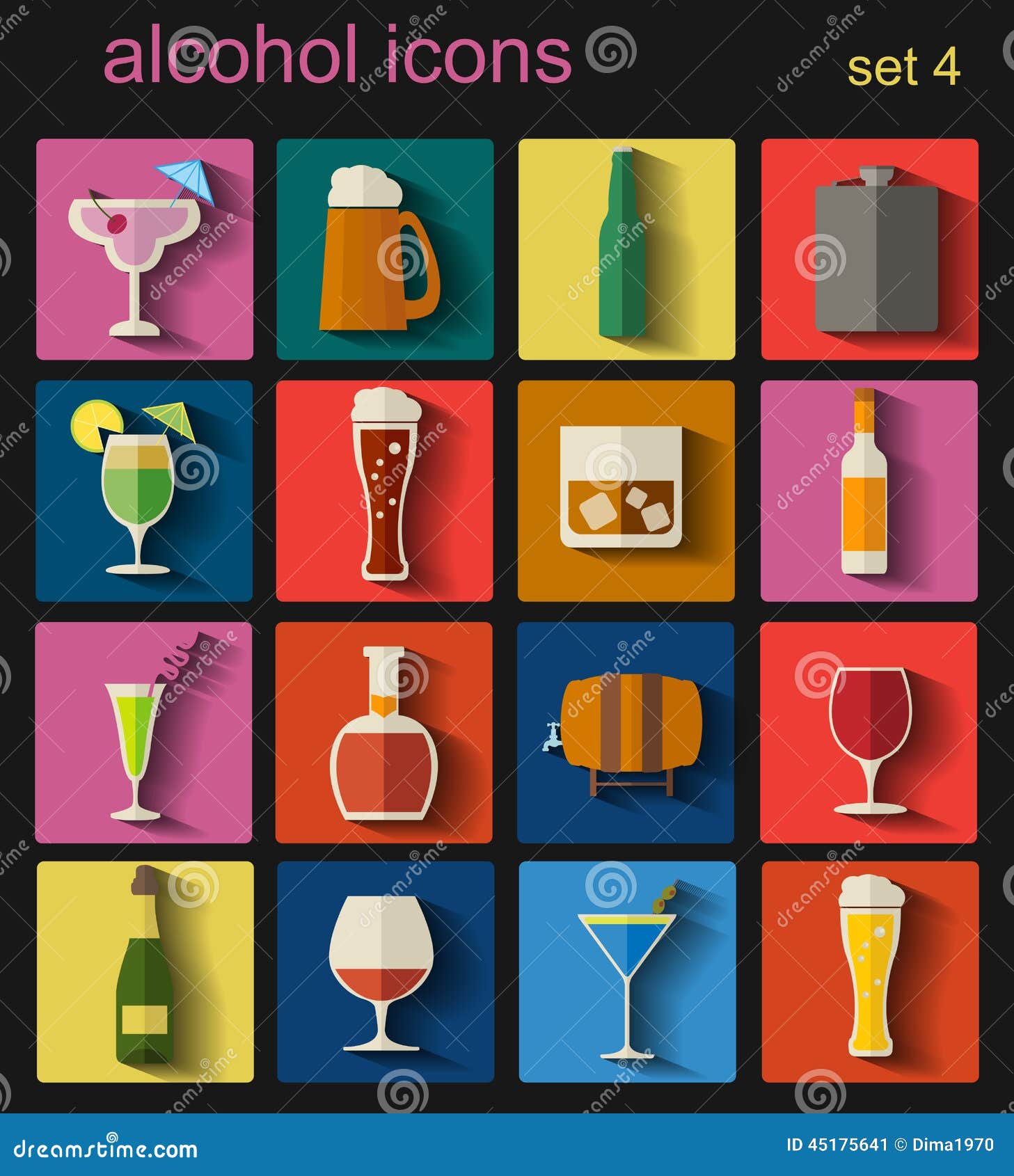 Alcohol Drinks Icons. 16 Flat Icons Set Stock Vector - Illustration of ...