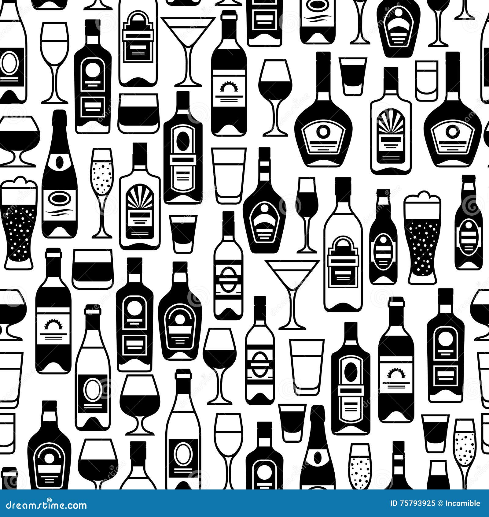 Alcohol Drinks Seamless Pattern. Bottles, Glasses for Restaurants and ...