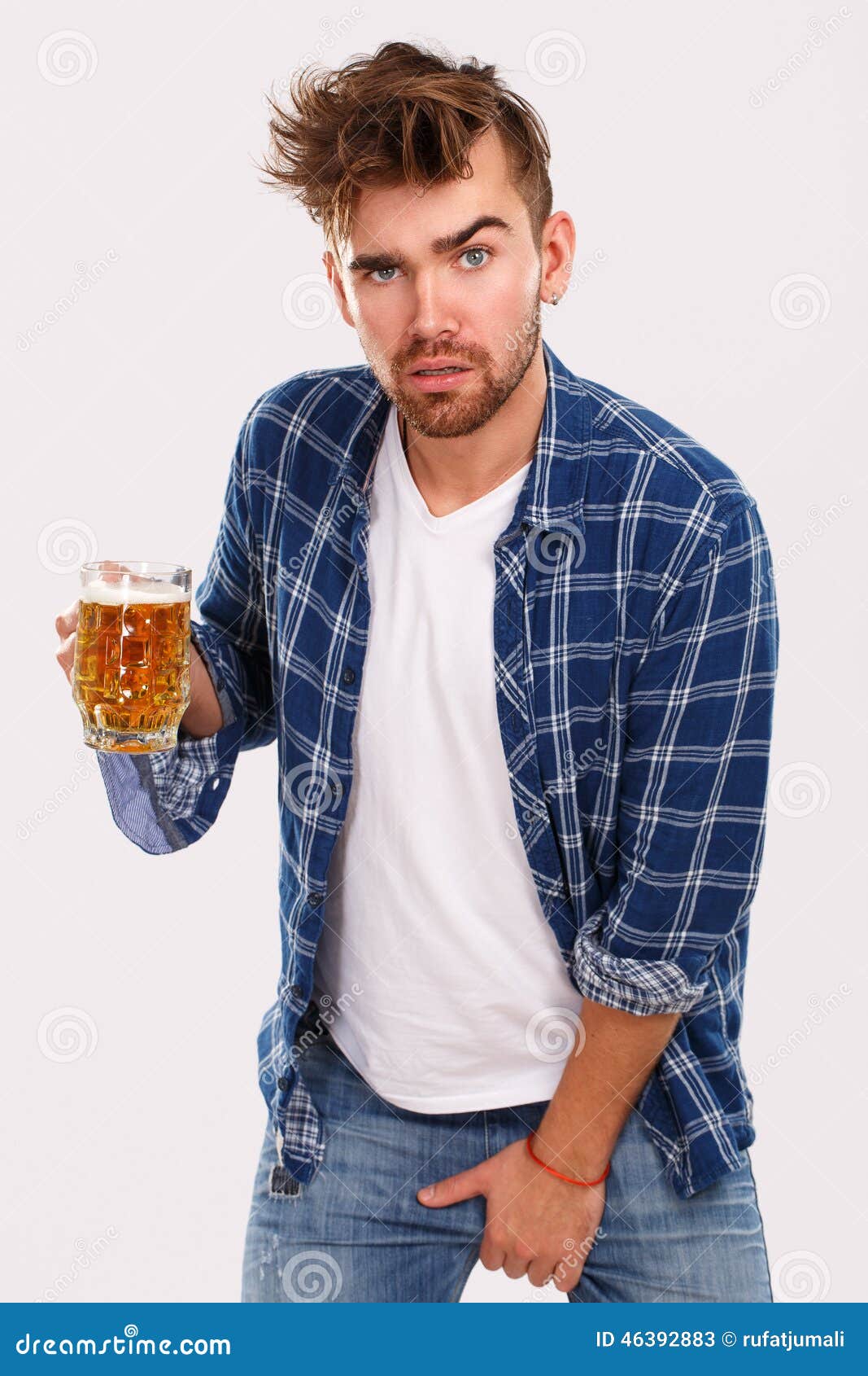 Alcohol. Guy in Blue Shirt with Beer Stock Image - Image of holding ...