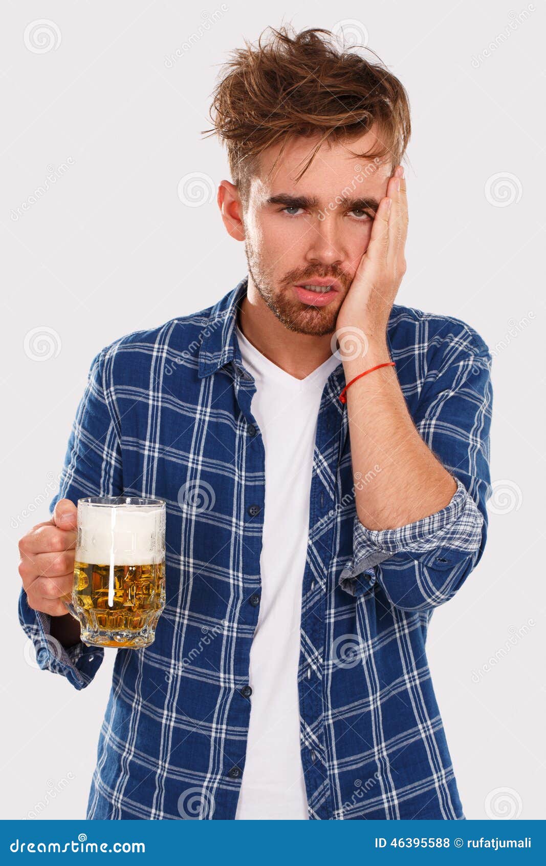 Alcohol. Guy in Blue Shirt with Beer Stock Photo - Image of hangover ...
