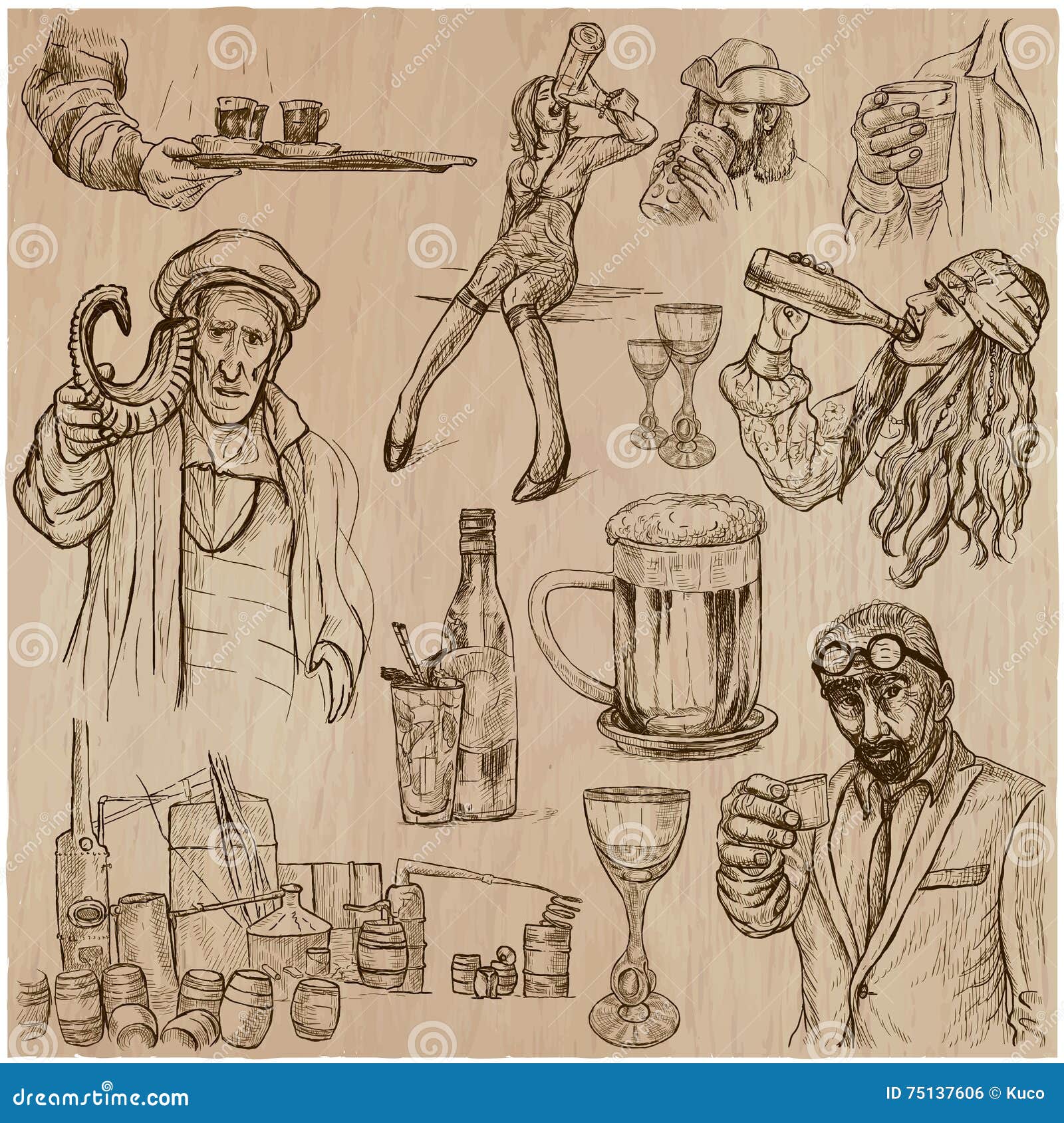 Alcohol - an Hand Drawn Vector Set. Stock Vector - Illustration of hand ...