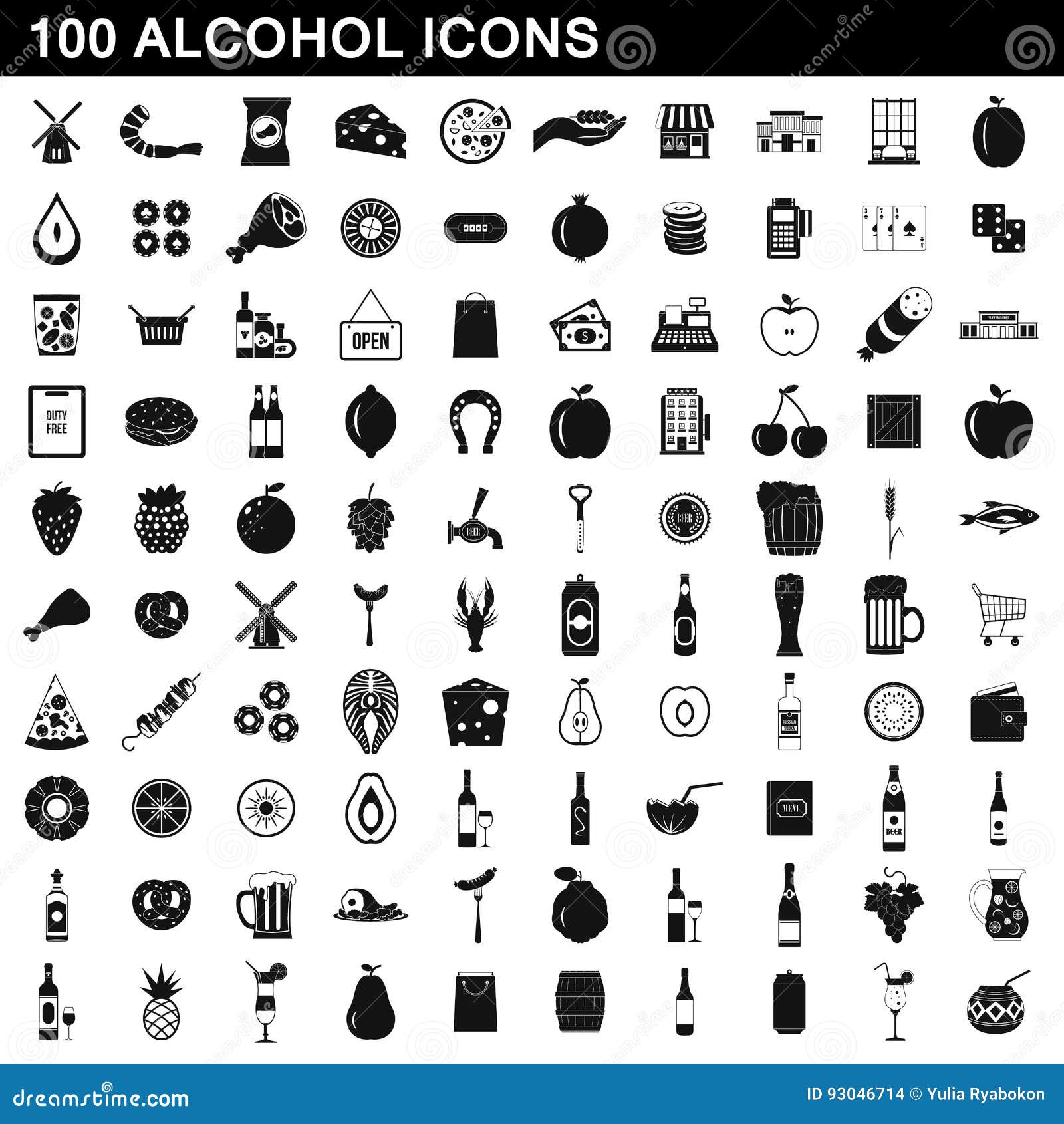 100 Alcohol Icons Set, Simple Style Stock Vector - Illustration of ...
