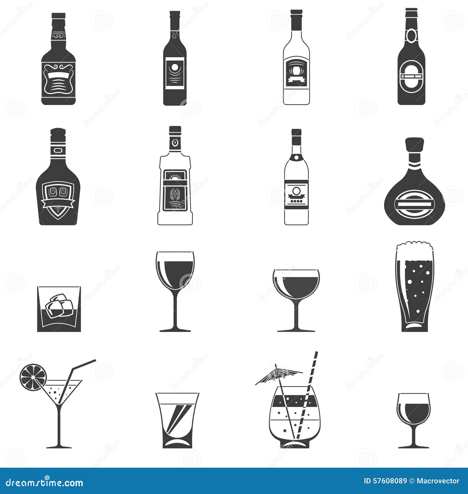 Alcohol Zwarte Pictogrammen Vector Illustratie - Illustration of vlak ...