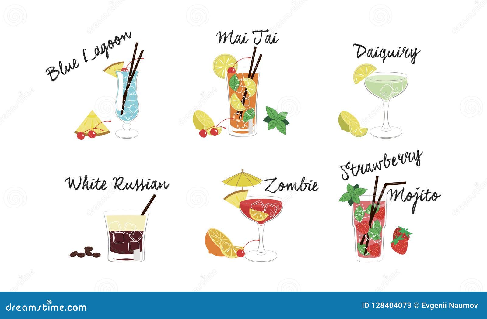 Alcoholic Cocktails Set Blue Lagoon Mai Tai Daiquiri White Russian