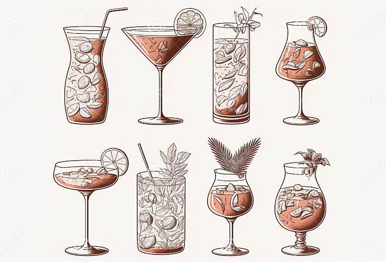 Alcoholic Drinks Line Drawing Collection. Bar Menu Stock Illustration ...