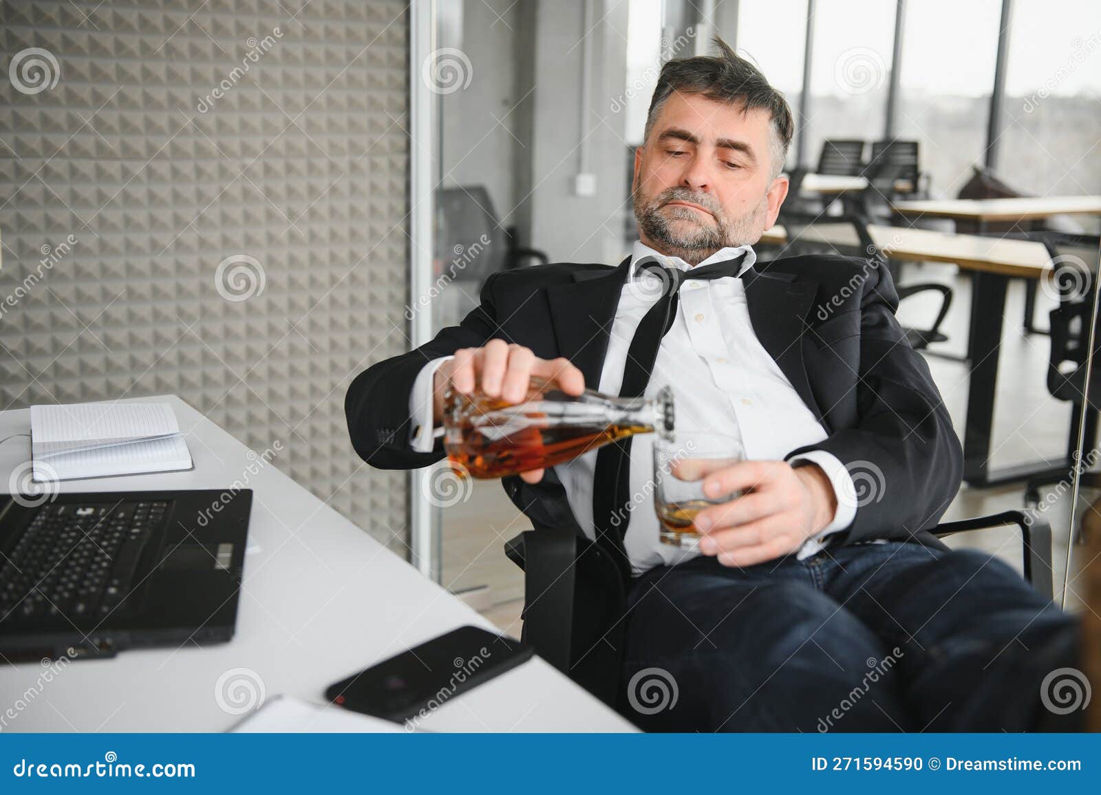 Alcoholism at Work. Tired Employee Drinking Alcohol at Workplace, Can ...