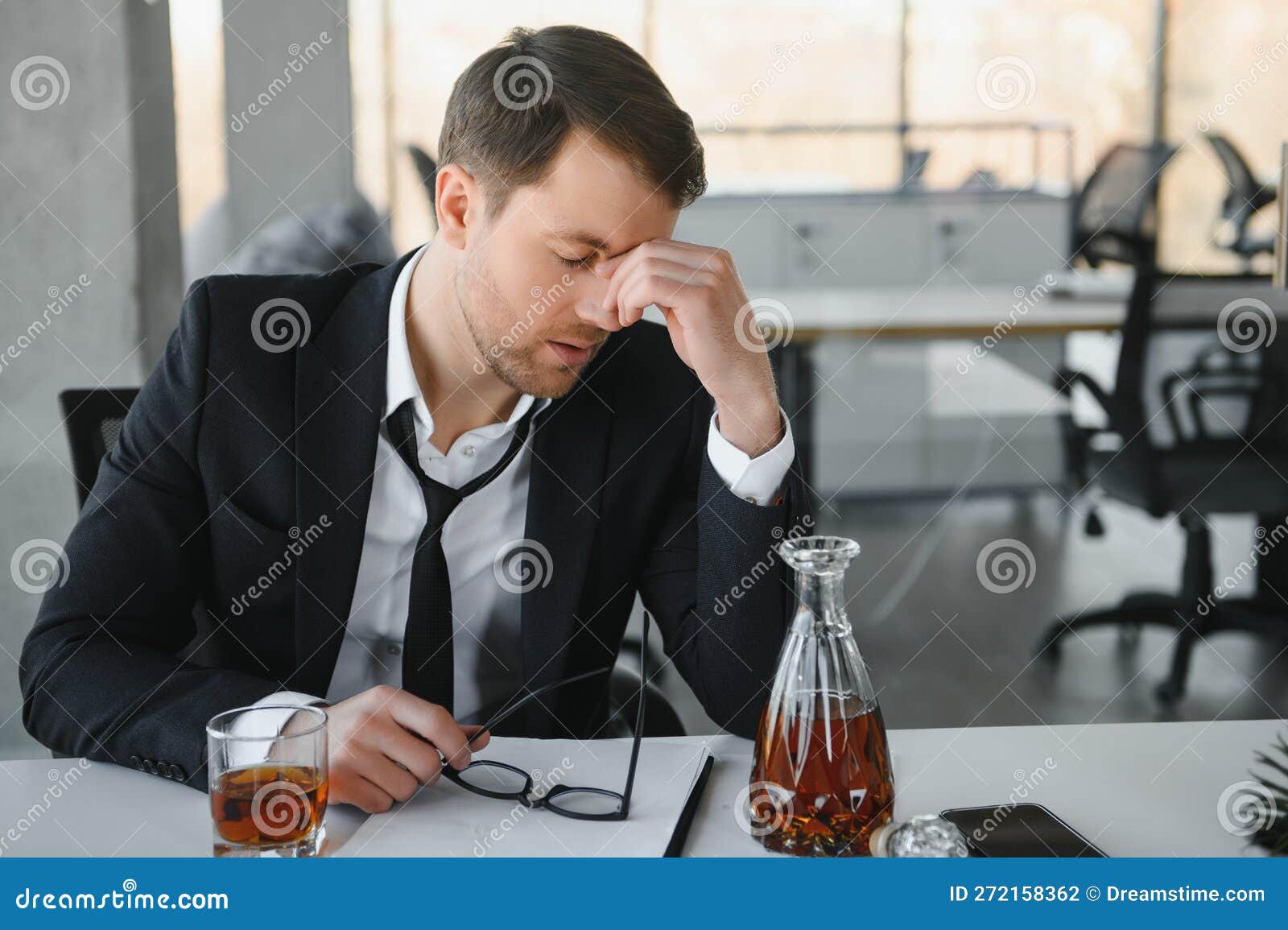 Alcoholism at Work. Tired Employee Drinking Alcohol at Workplace, Can ...