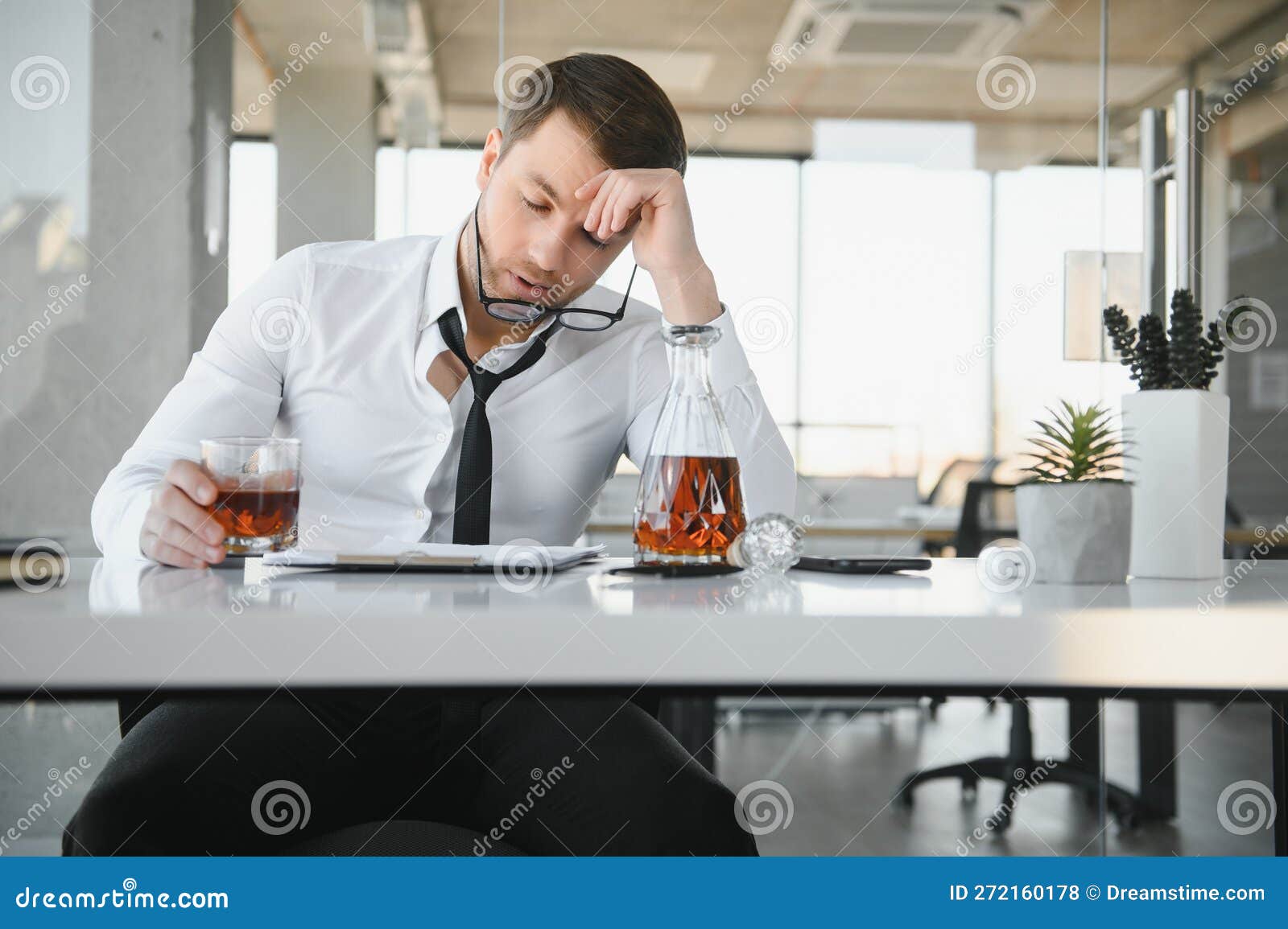 Alcoholism at Work. Tired Employee Drinking Alcohol at Workplace, Can ...