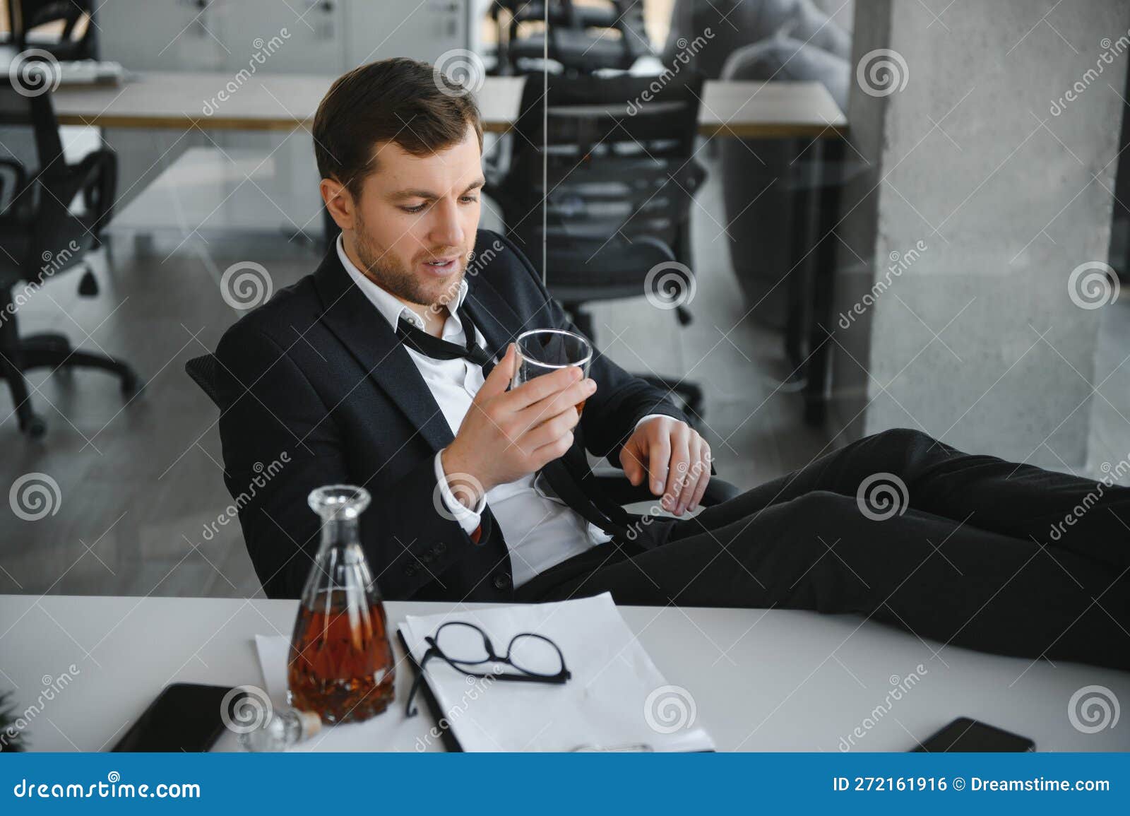 Alcoholism at Work. Tired Employee Drinking Alcohol at Workplace, Can ...