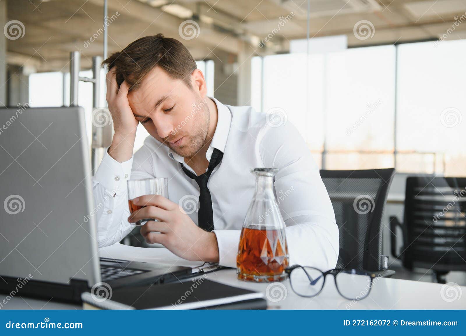 Alcoholism at Work. Tired Employee Drinking Alcohol at Workplace, Can ...