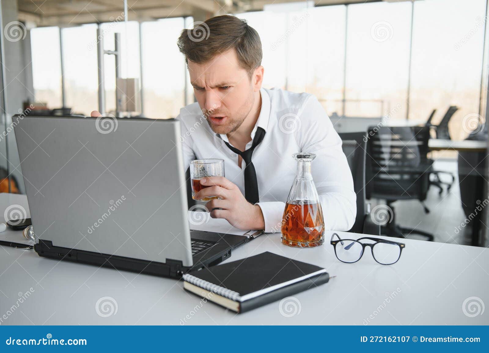 Alcoholism at Work. Tired Employee Drinking Alcohol at Workplace, Can ...