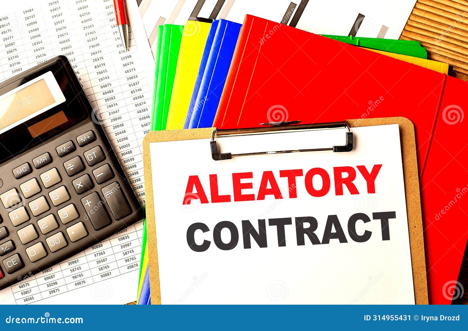 ALEATORY CONTRACT Text on Clipboard with Calculator and Color Folder ...