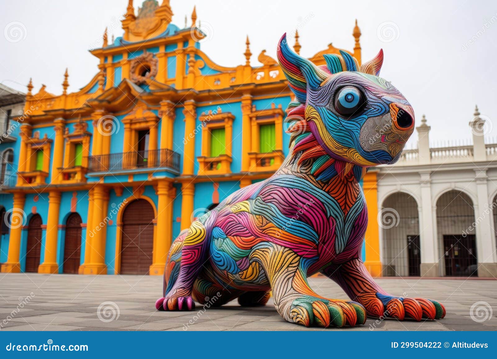 Alebrije Statue With A Backdrop Of Vibrant Mexican Murals Stock ...