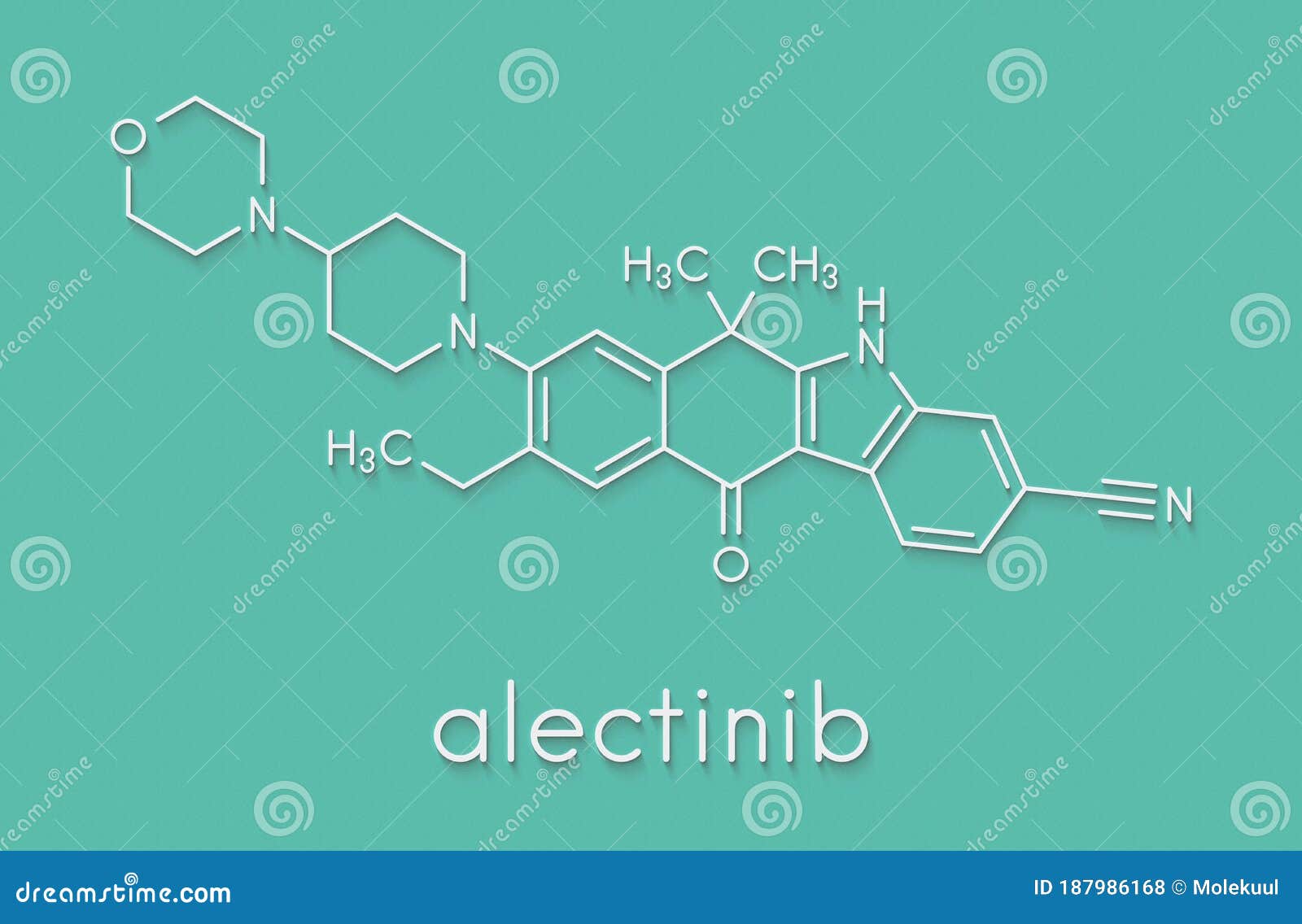 Alectinib Cancer Drug Molecule. 3D Rendering. Atoms Are Represented As ...